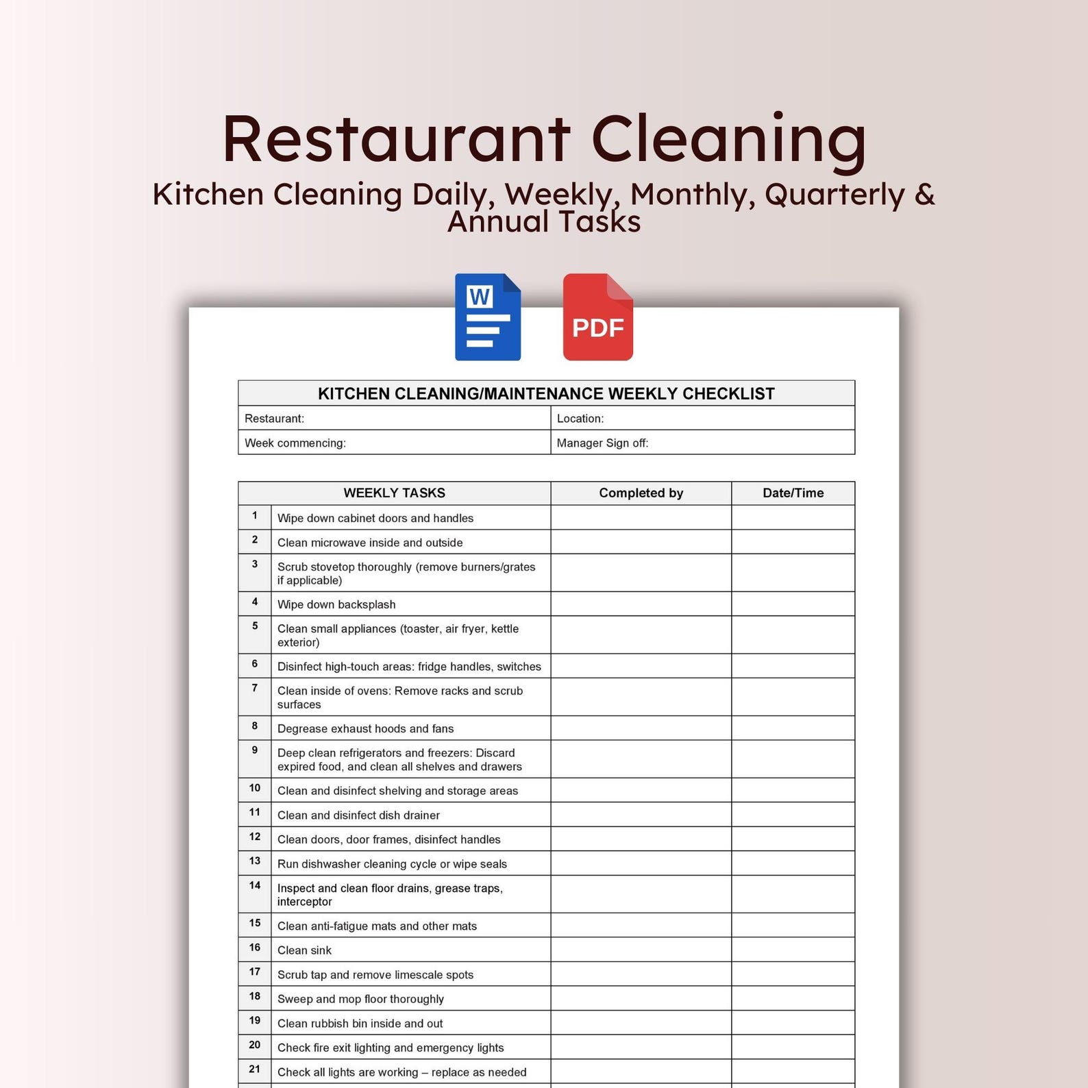 Restaurant Cleaning Checklist Template Bar Area Sanitising Procedures ...