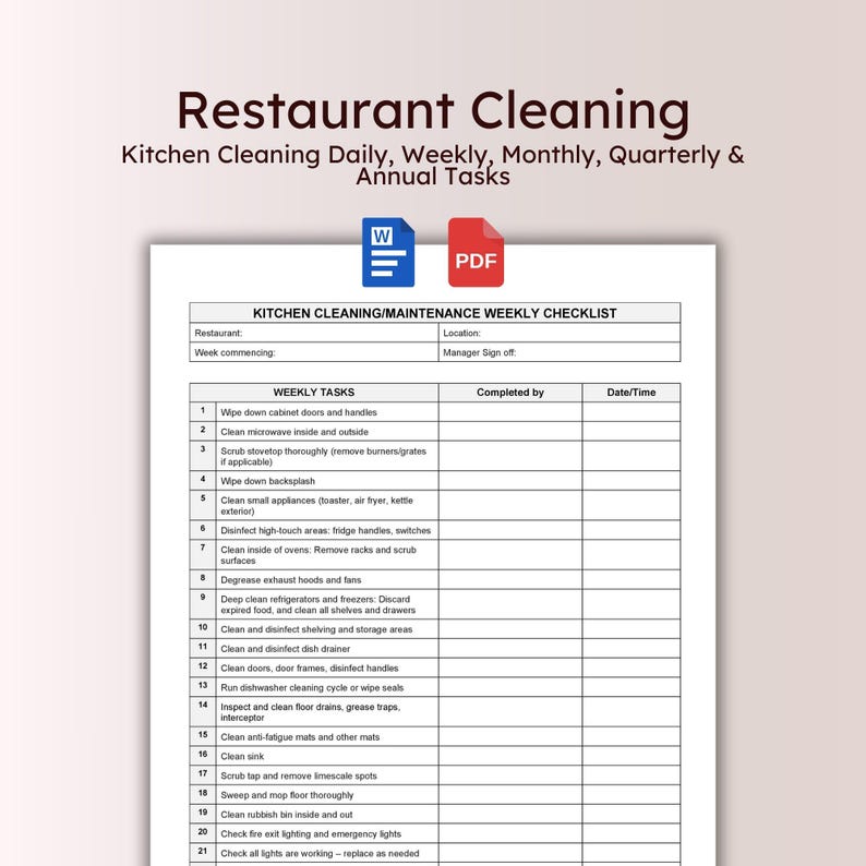 Restaurant Cleaning Checklist Template Bar Area Sanitising Procedures ...