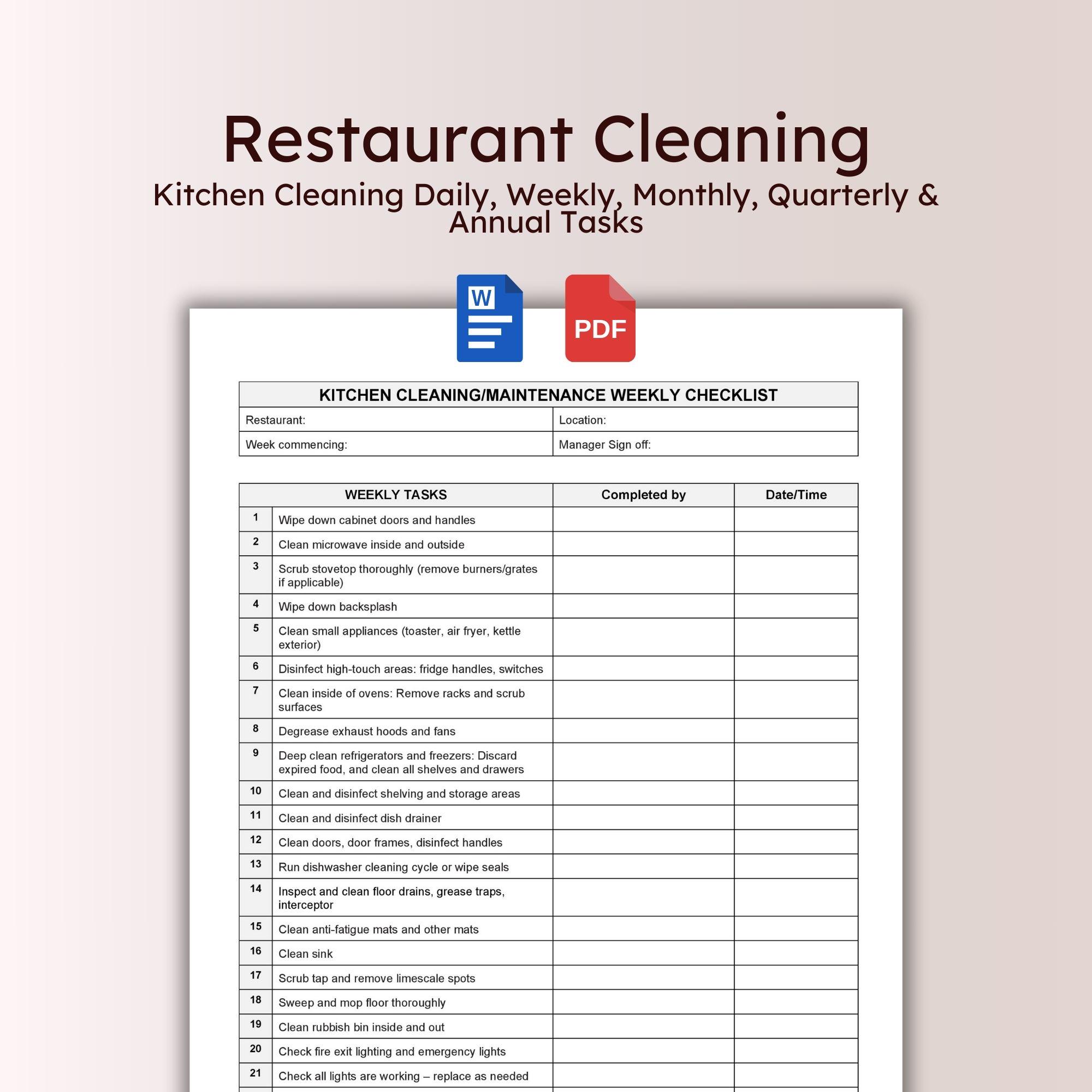 Restaurant Cleaning Checklist Template Bar Area Sanitising Procedures ...