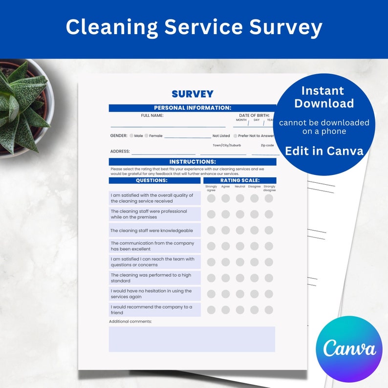 Cleaning Company Feedback Form Template: Client Survey (canva & PDF) - Etsy