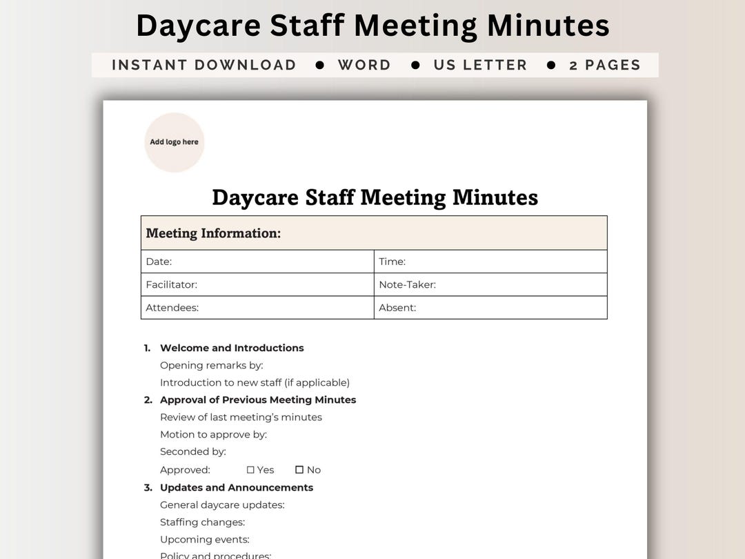 Daycare Staff Meeting Minutes Agenda Form Template Record Sheet Notes ...