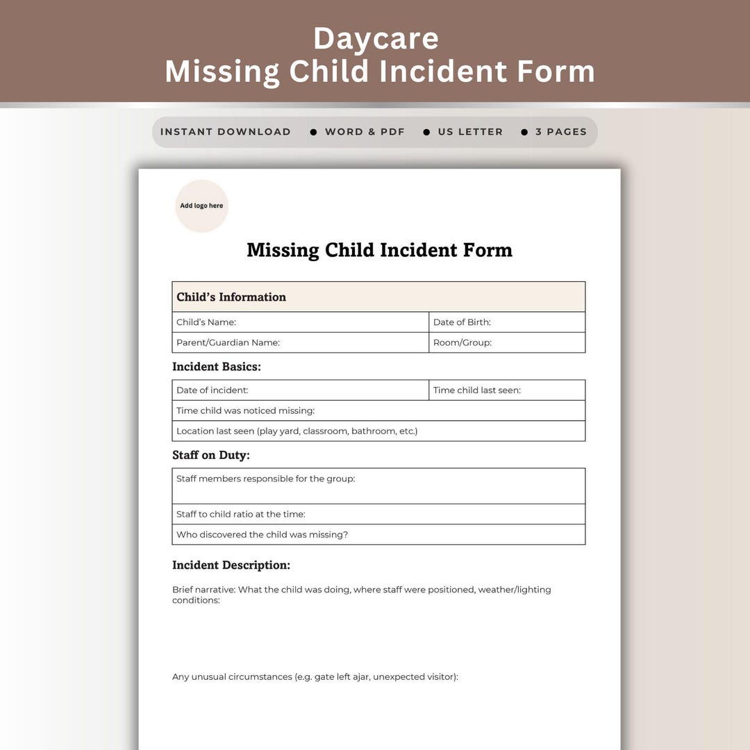 Childcare Missing Child Incident Form Template Daycare Lost Child ...