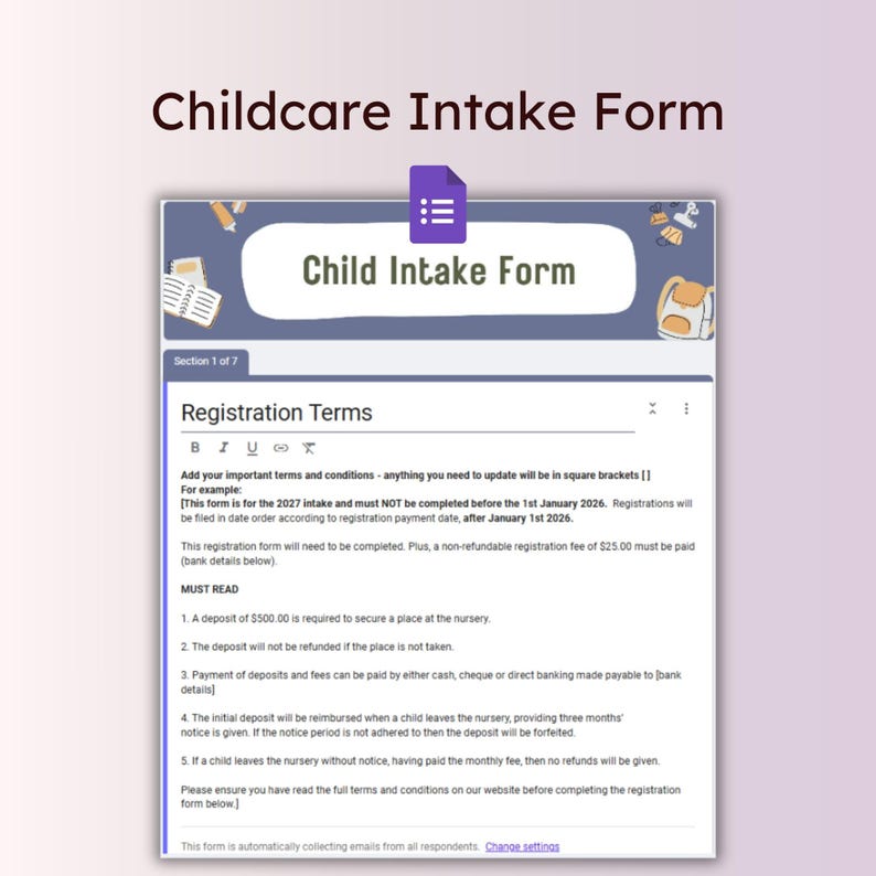 Google Form Child Intake Template Digital Childcare Enrolment ...