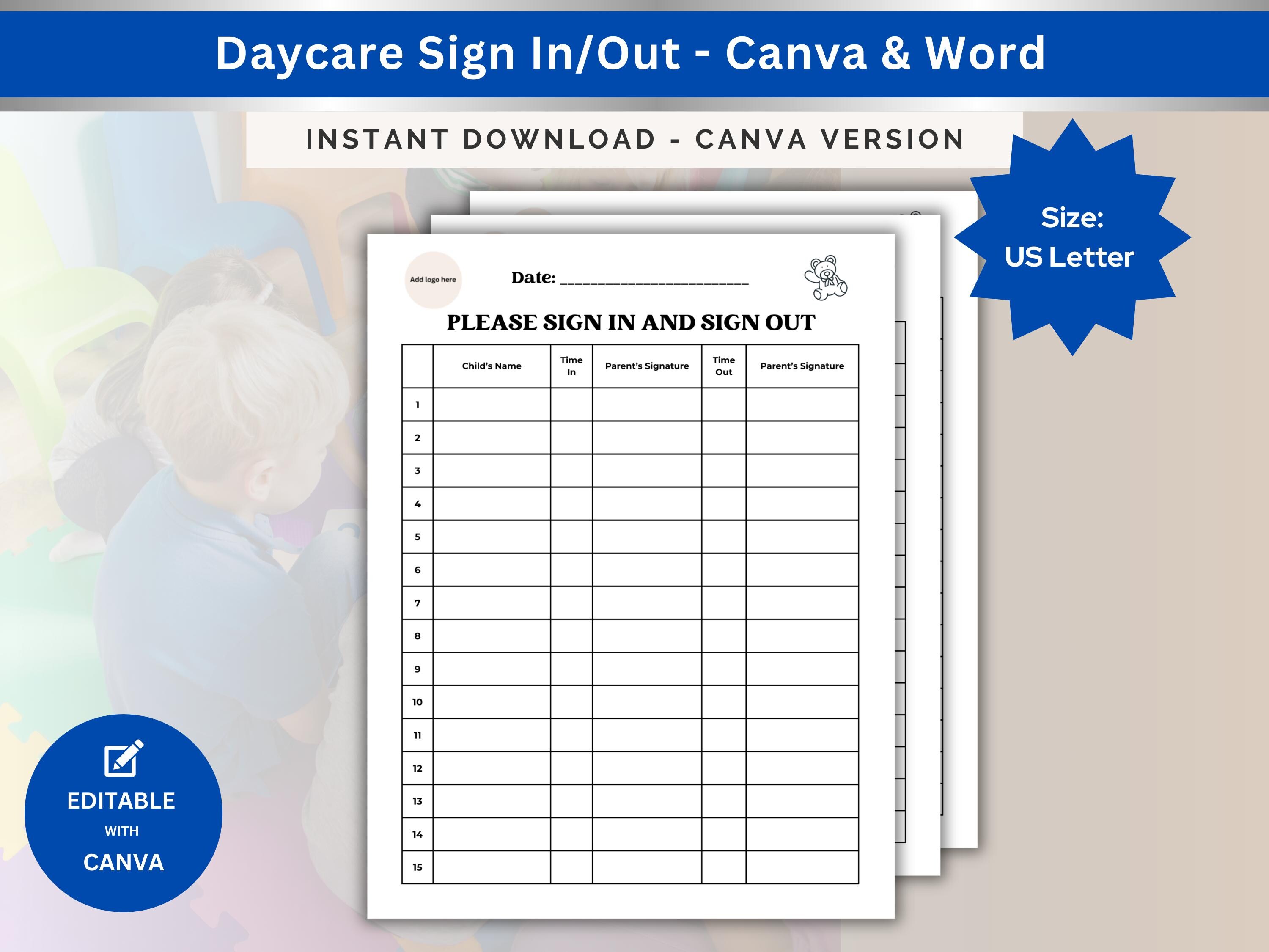 Daycare Sign in Sheet, Sign Out Sheet, Day Care Daily Log, Check in ...