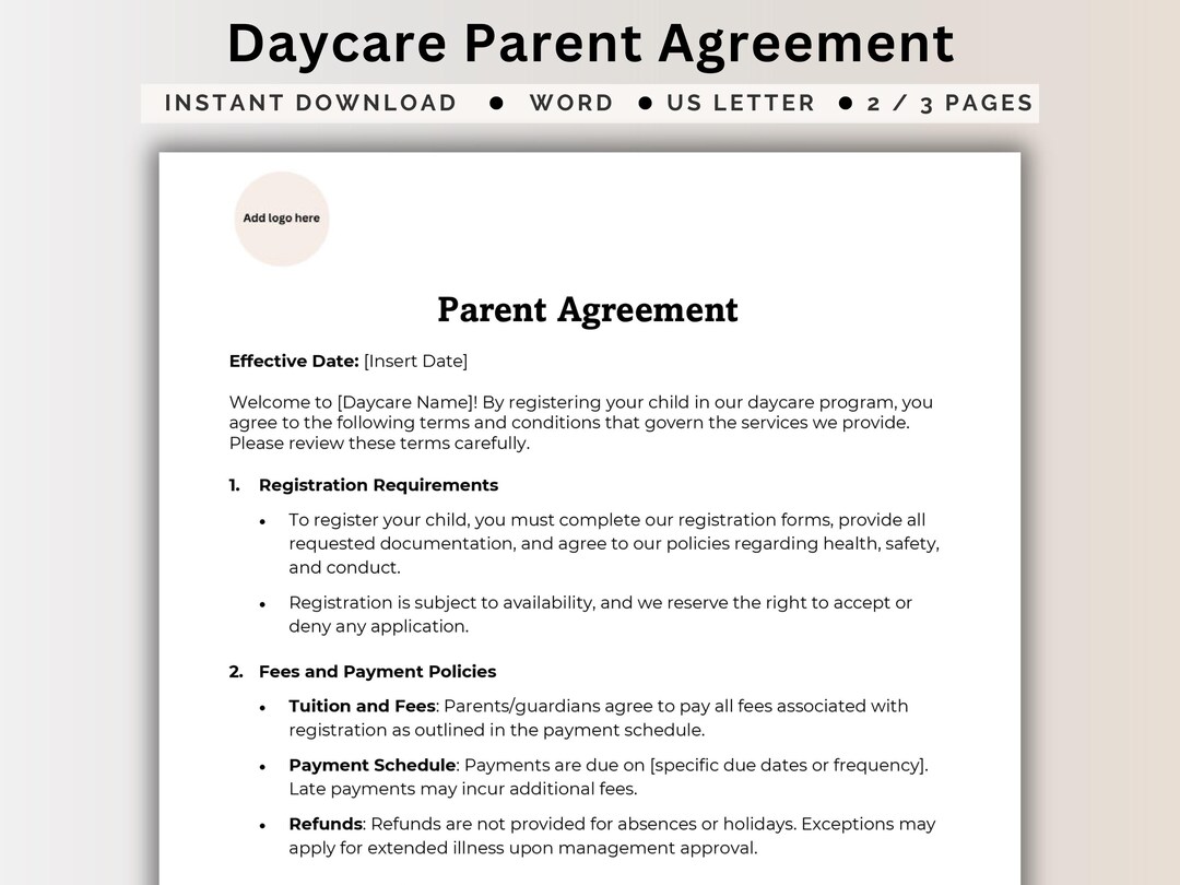 Childcare Center Parent Agreement Template In-home Terms and Conditions ...