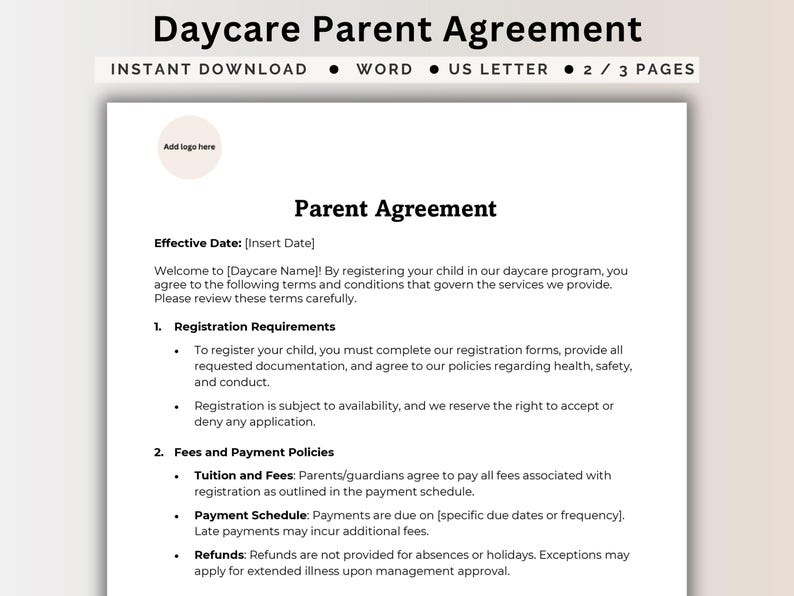 Childcare Center Parent Agreement Template In-home Terms and Conditions Childcare Contract ...
