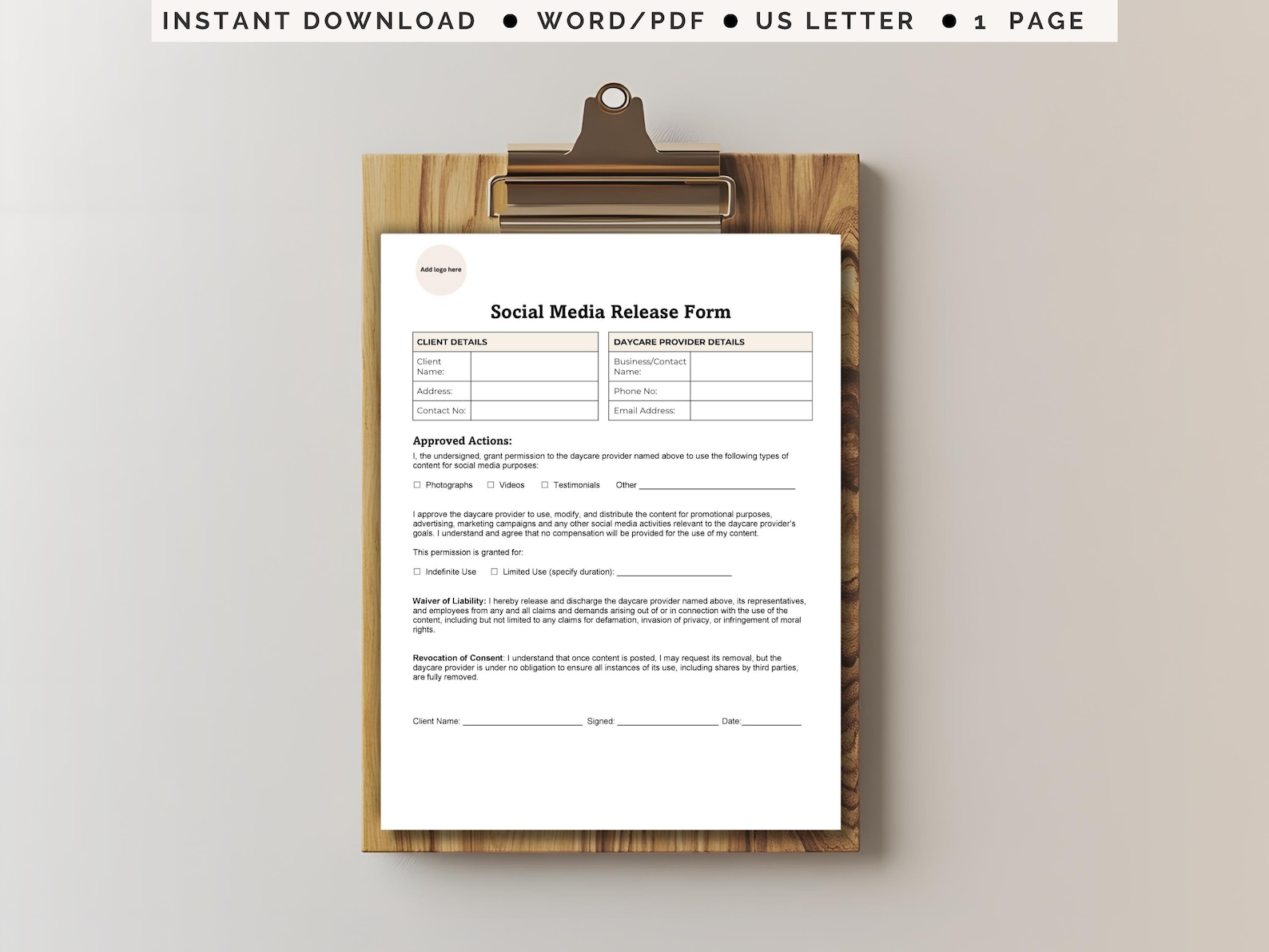 Daycare Social Media Release Form Template Childcare Photo Release ...