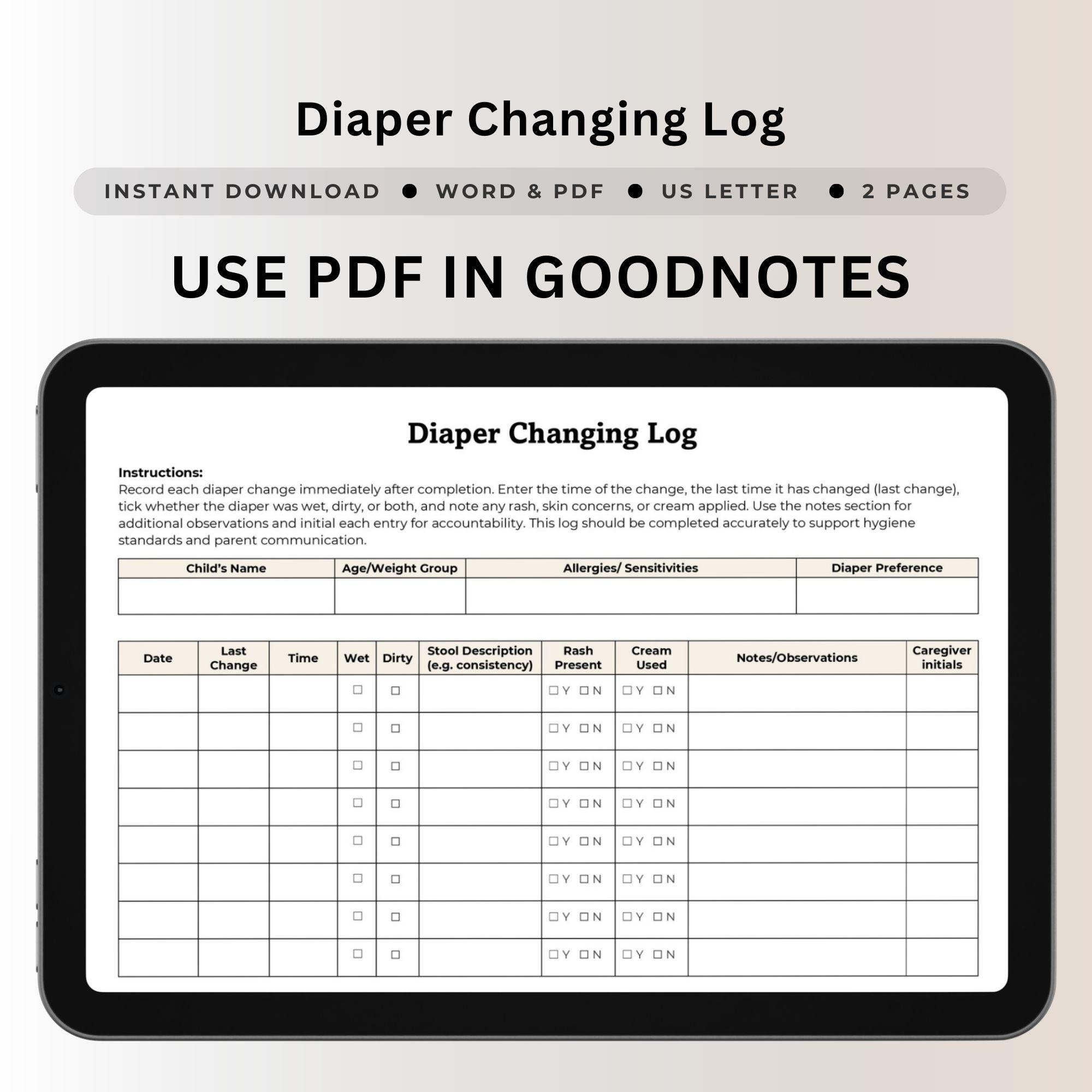 Diaper Changing Log Template Infant Change Record Sheet Baby Care ...