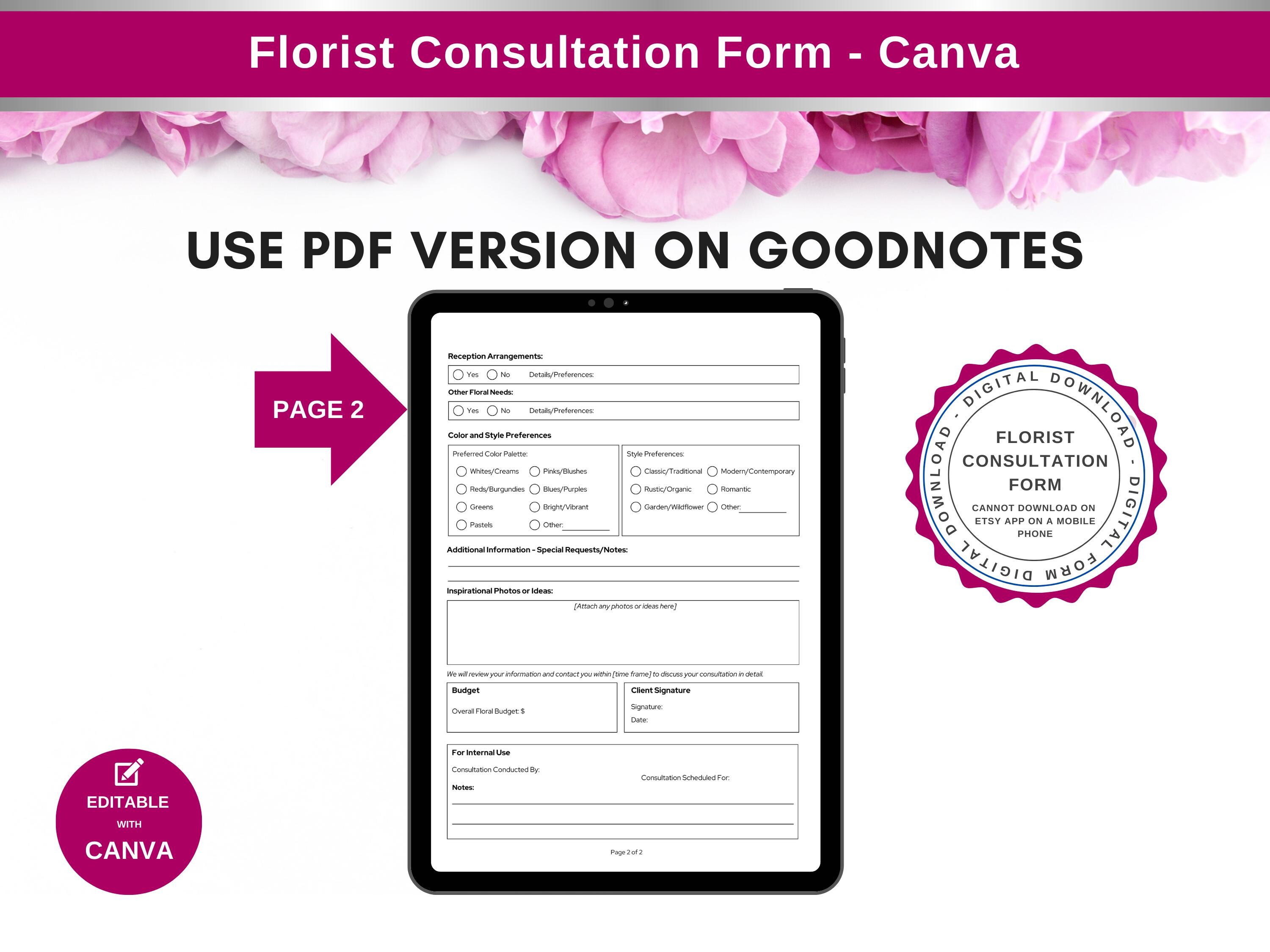 Printable Florist Consultation Form PDF Canva Flower Arrangement Design ...