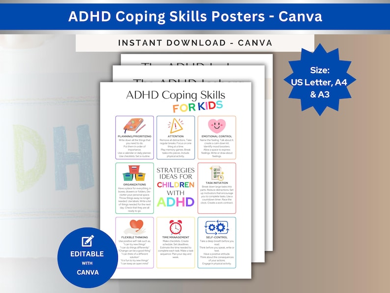 ADHD Coping Skills Poster With ADHD Iceberg Poster Strategies to Cope Visual Aid ADHD Children ...
