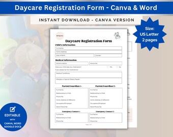 Daycare Registration Form for Parents Application to Childcare Facility ...
