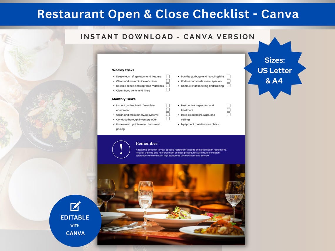 Restaurant Opening Checklist Restaurant Closing Checklist Daily Opening ...