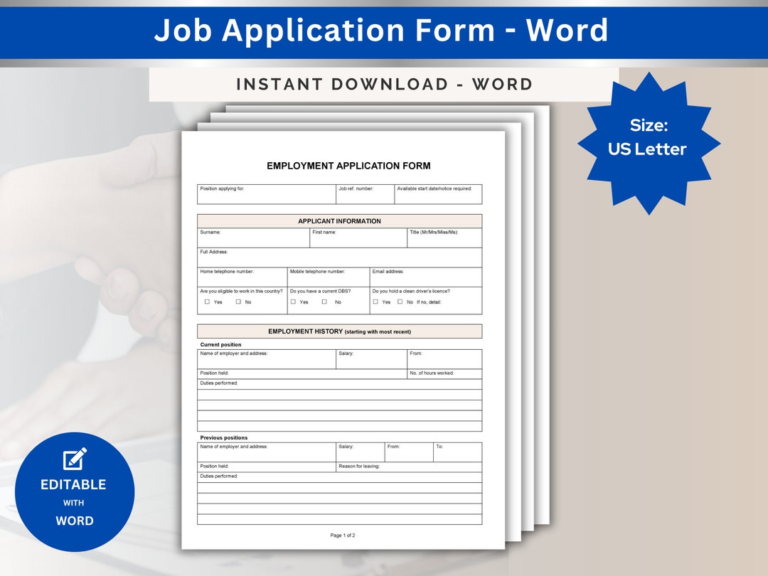Job Application Form Printable for Employment Application Form PDF ...