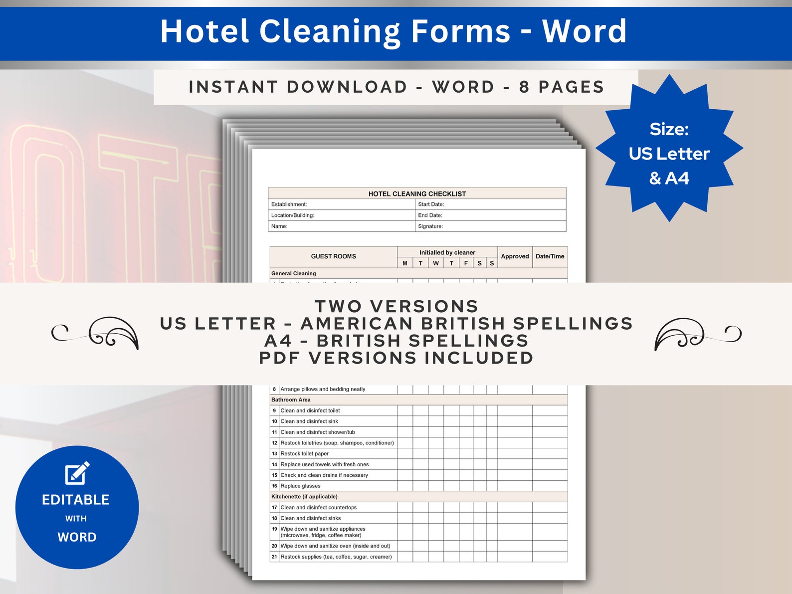 Hotel Cleaning Checklist: Guest Room Cleaning Standards (word, PDF) - Etsy