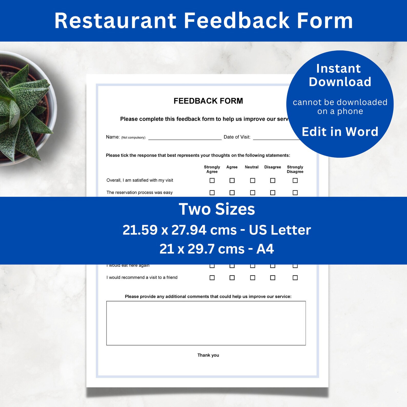 Restaurant Customer Feedback Form: Editable Survey (PDF, Word) - Etsy