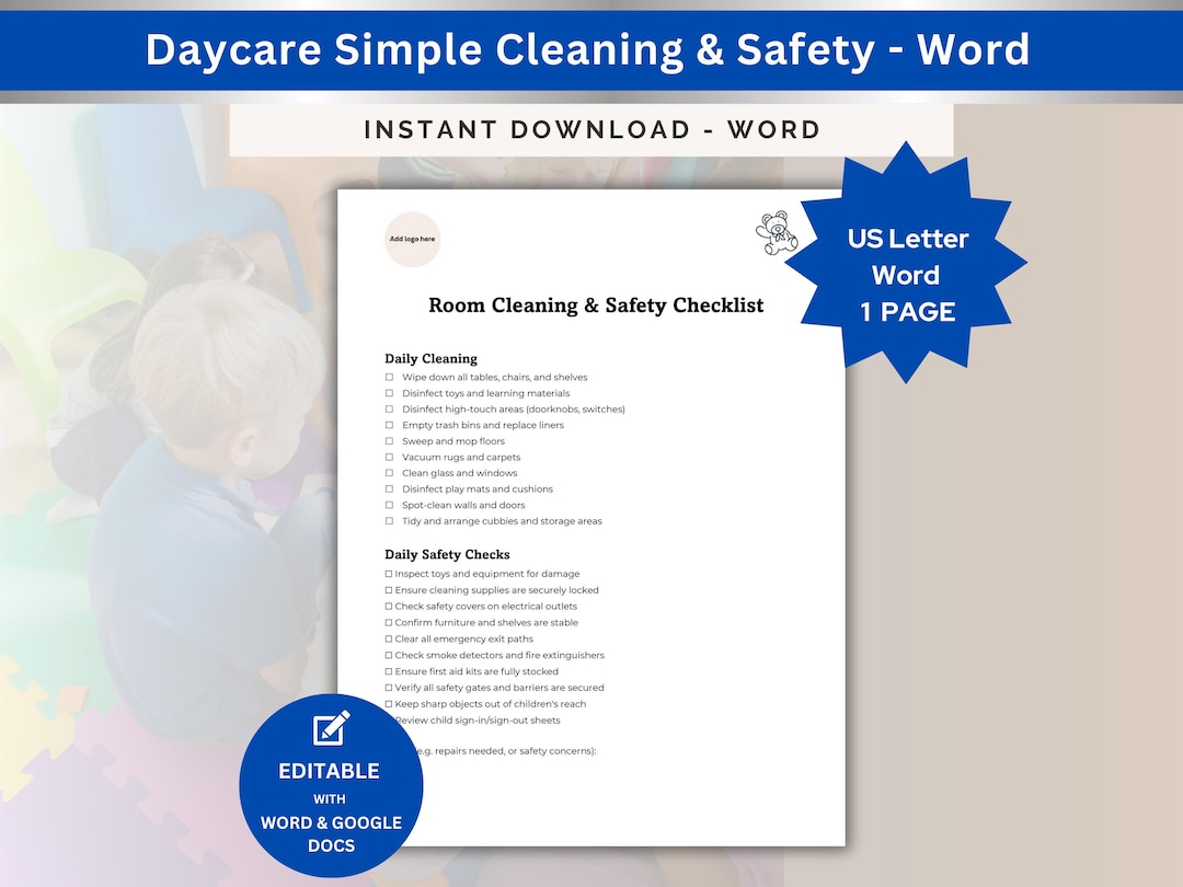 Simple Daycare Cleaning and Safety Checklist Template Daily Nursery ...