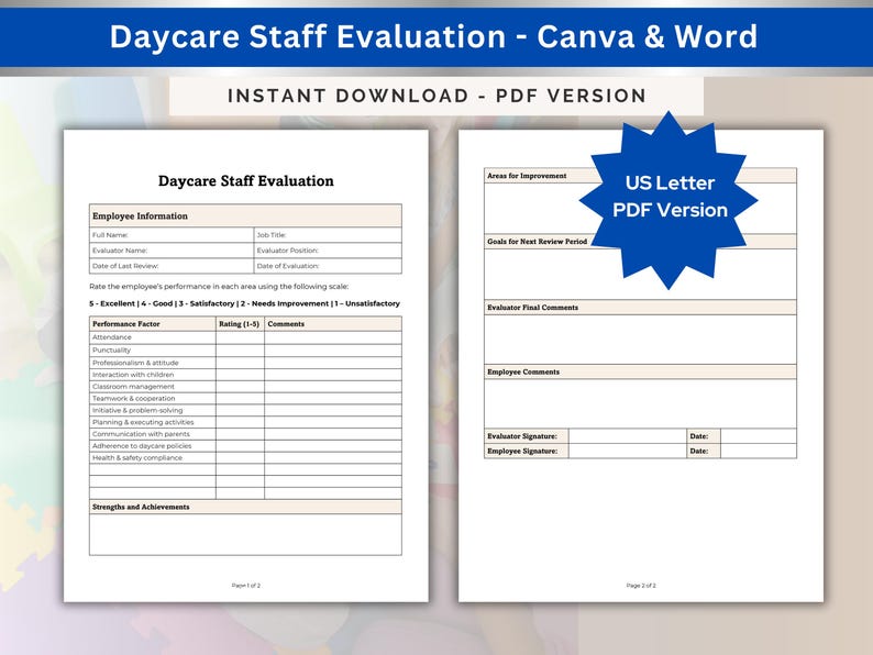 Daycare Staff Evaluation Form Template Printable Childcare Employee ...