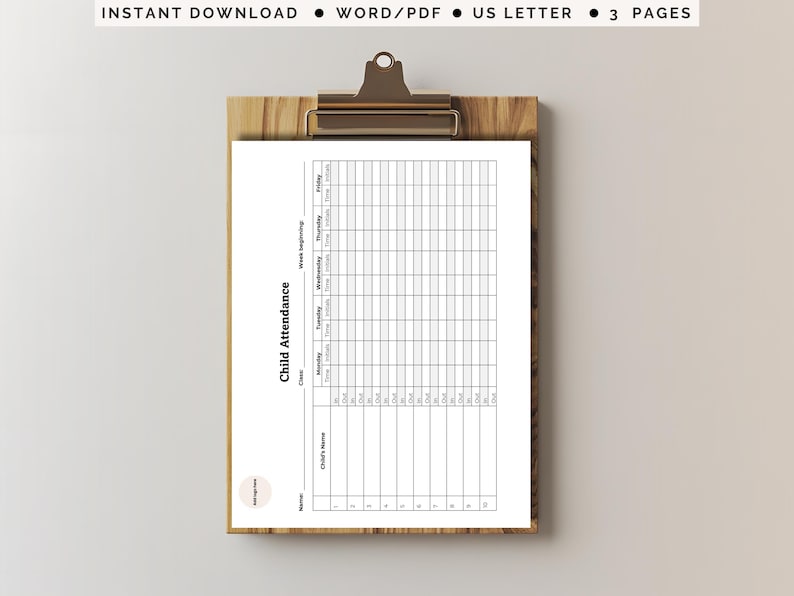 Daycare Attendance Sheet Printable PDF Childcare Daily Sign in Form ...