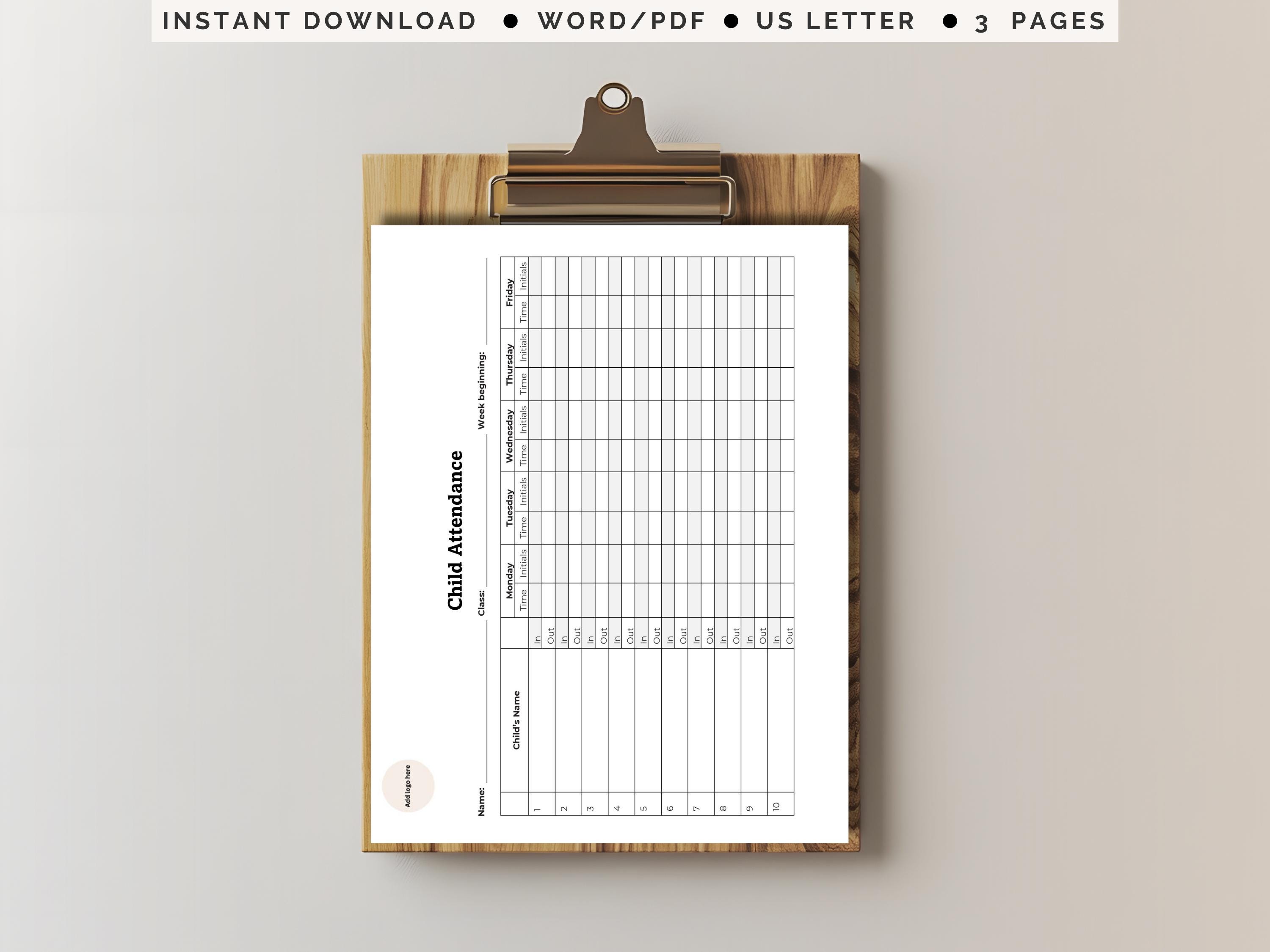 Daycare Attendance Sheet Printable PDF Childcare Daily Sign in Form ...