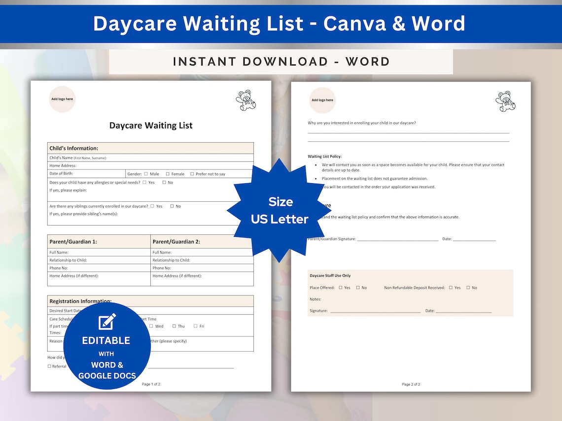 Daycare Waiting List Form Template for Preschool Childcare Registration Future Enrolment List ...