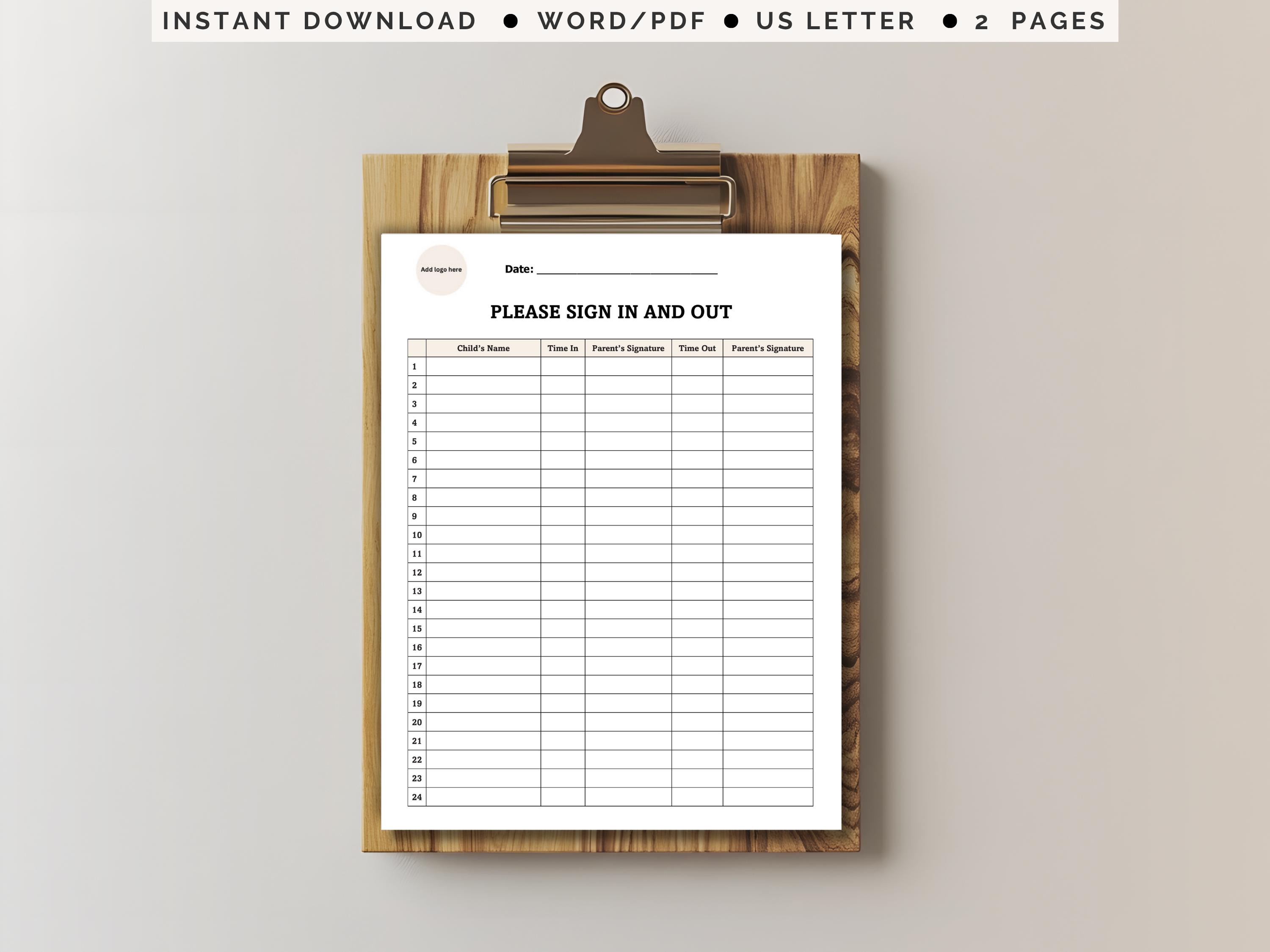 Daycare Daily Sign in Sign Out Sheet Template Fire Alarm Checks ...
