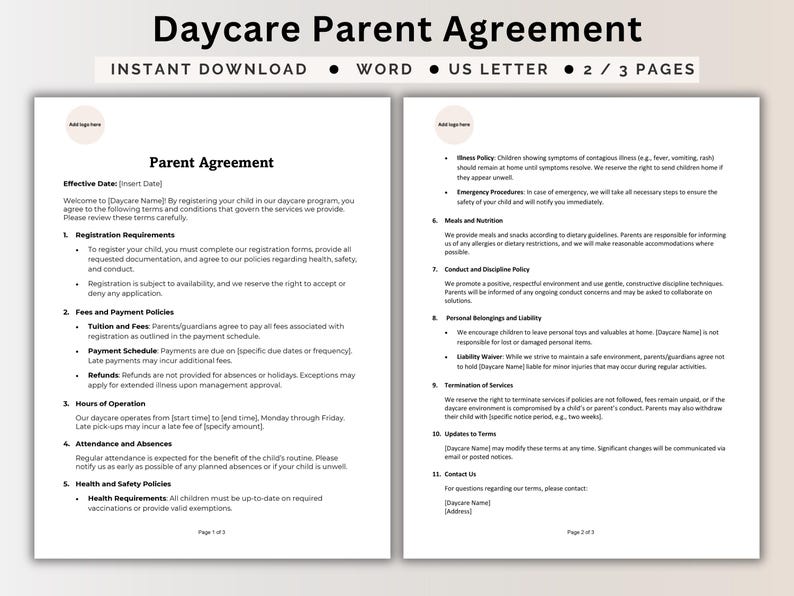 Childcare Center Parent Agreement Template In-home Terms and Conditions ...