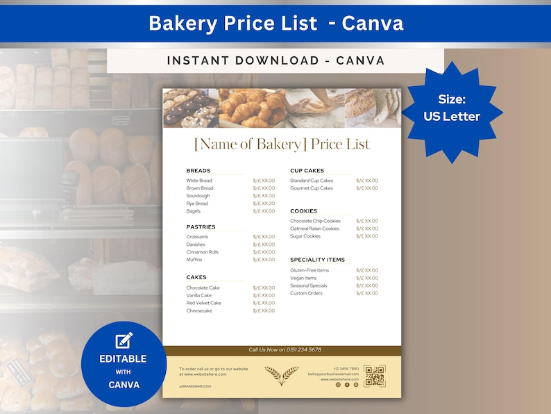 Bakery Price List Menu Bread Selection Easy to Customize Canva Template ...