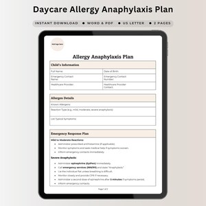 Daycare Allergy Anaphylaxis Emergency Action Plan Childcare Food ...