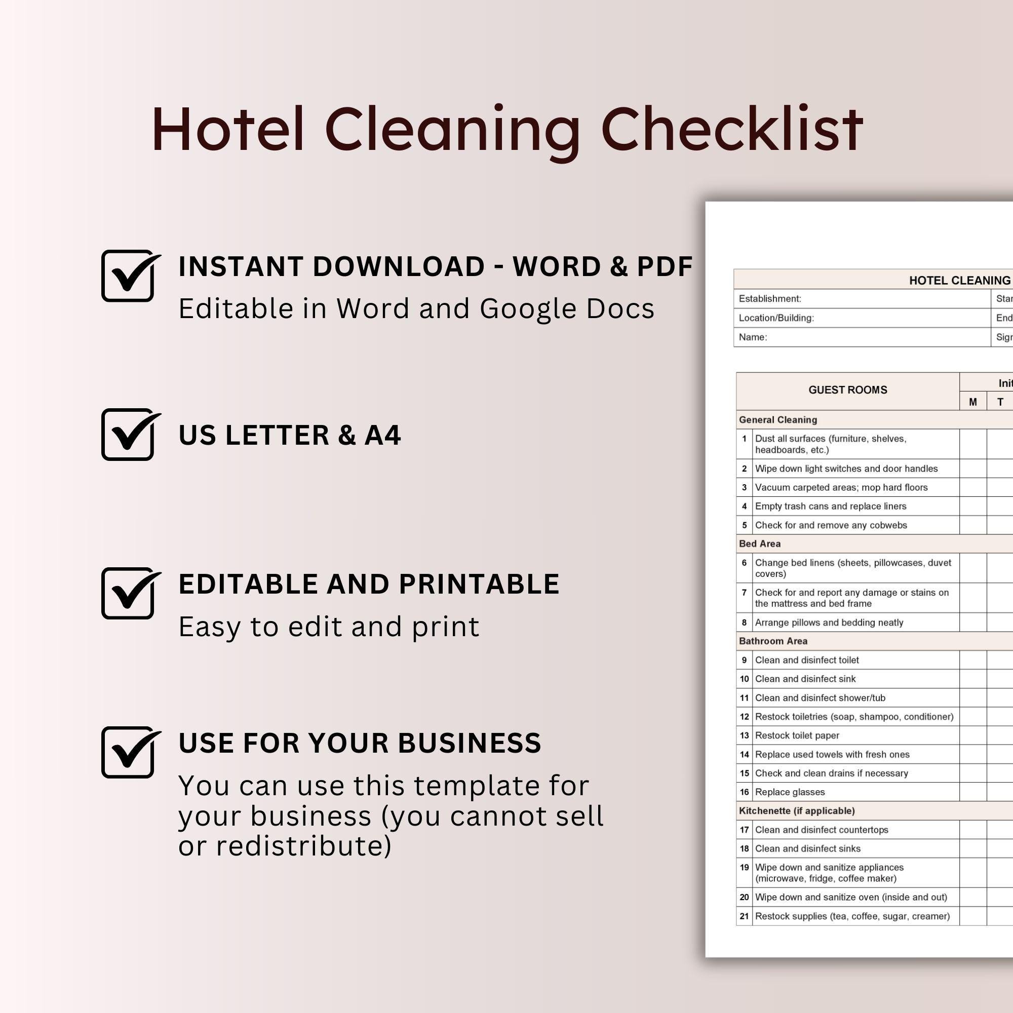 Hotel Housekeeping Cleaning Checklist Template Motel Cleaner Task Guide ...
