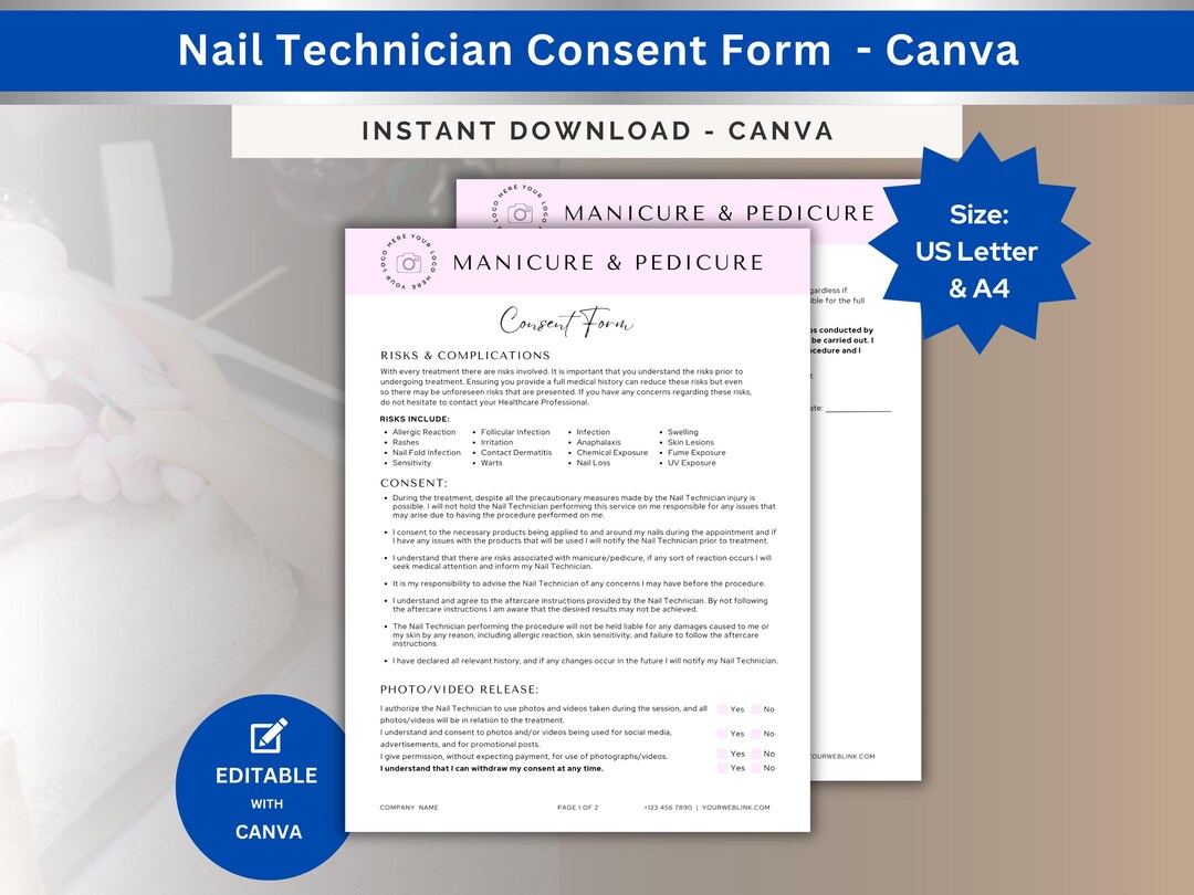 Nail Technician Consent Form: Client Intake, Salon Waiver (canva PDF ...