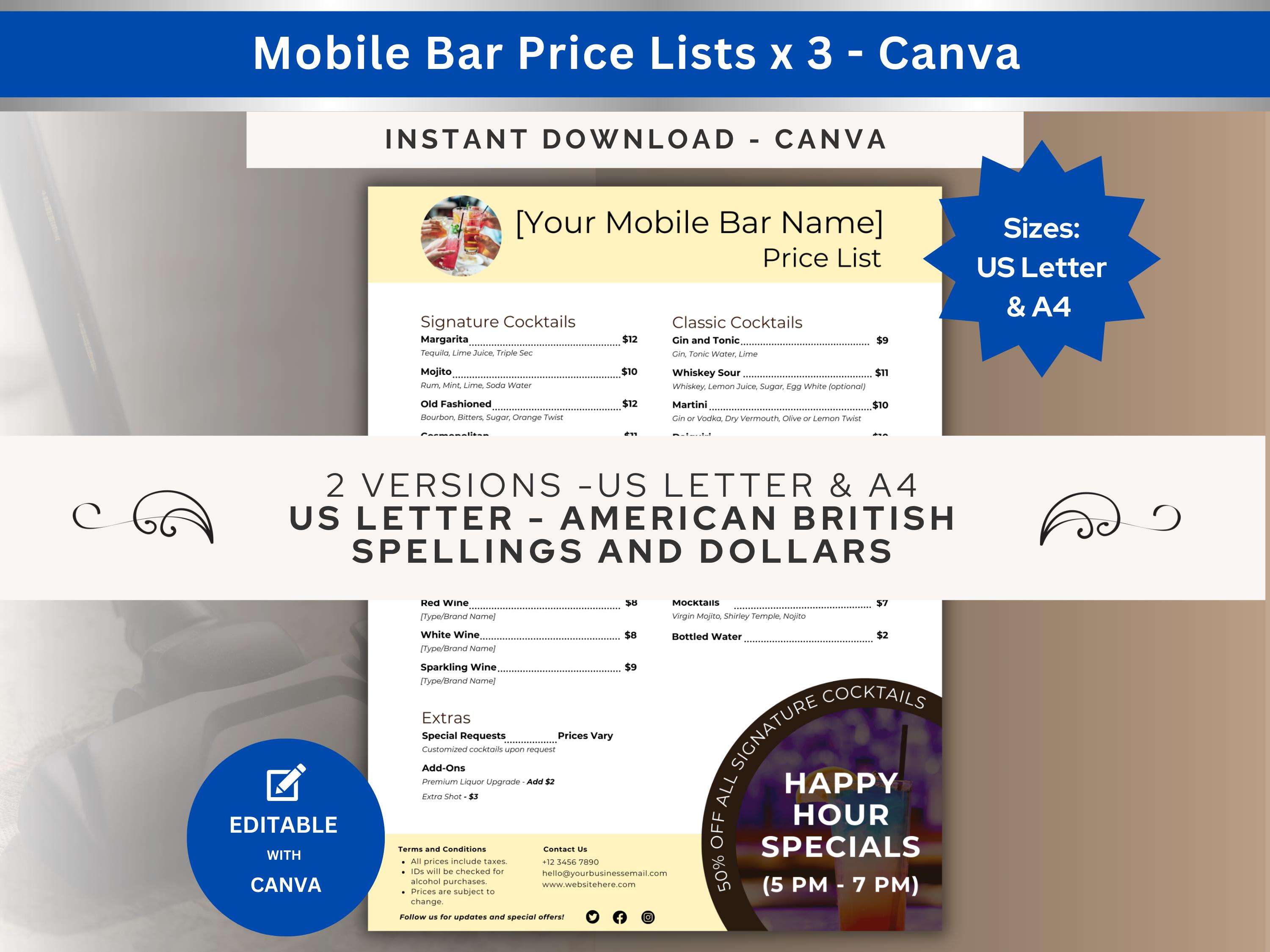 Mobile Bar Price List Template: Customizable Event Pricing (canva) - Etsy