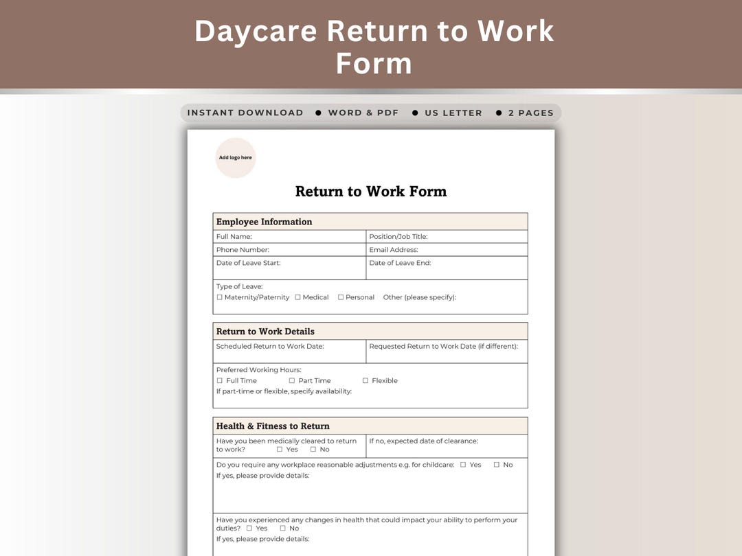 Daycare Return to Work Form Teachers Attendance Form Reasonable ...