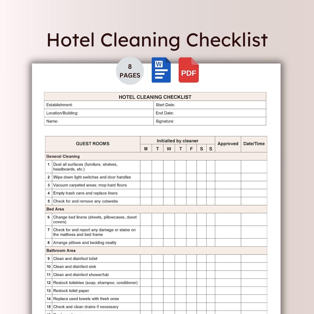 Hotel Housekeeping Cleaning Checklist Template Motel Cleaner Task Guide ...