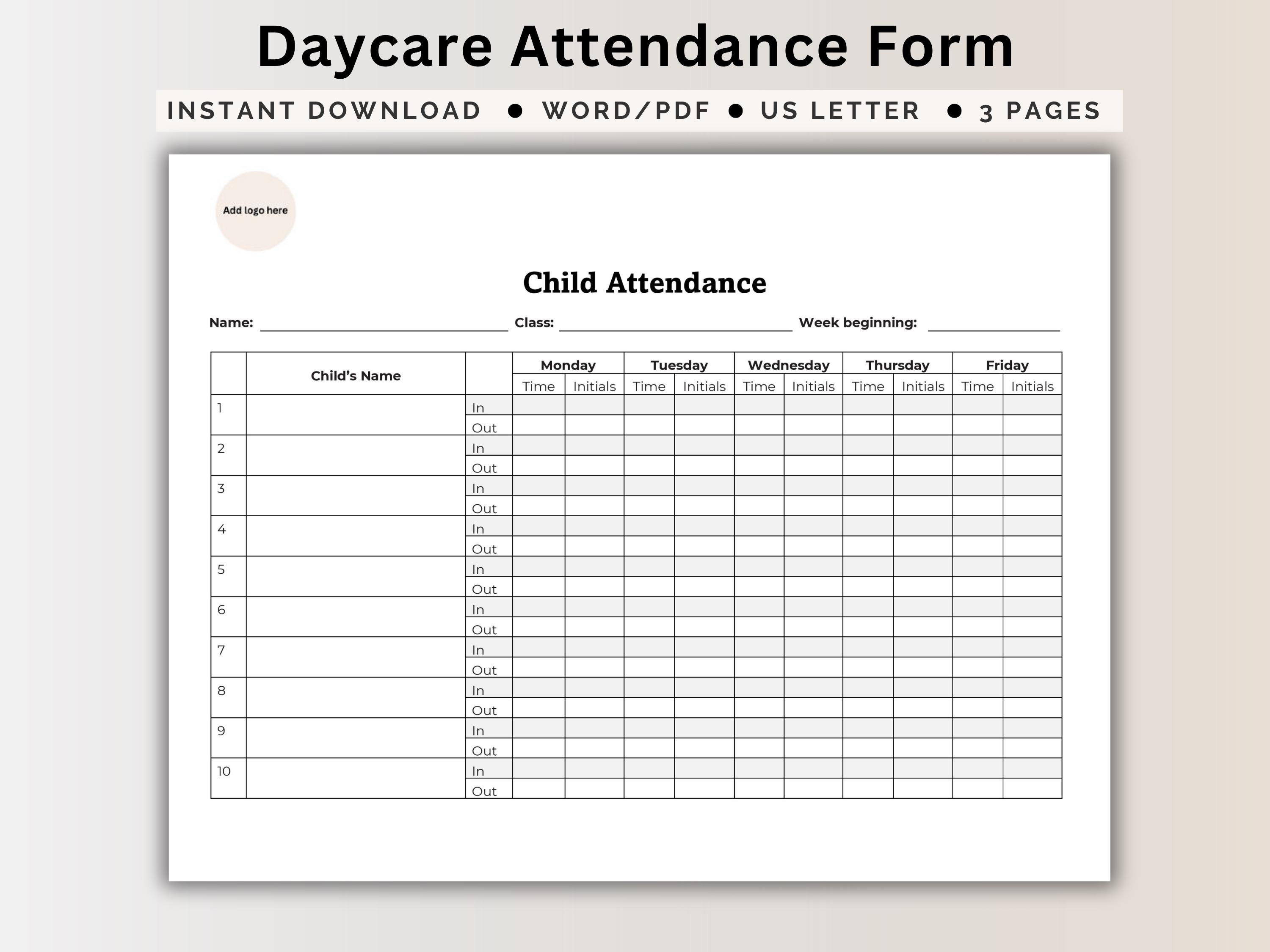 Daycare Attendance Sheet Printable PDF Childcare Daily Sign in Form ...