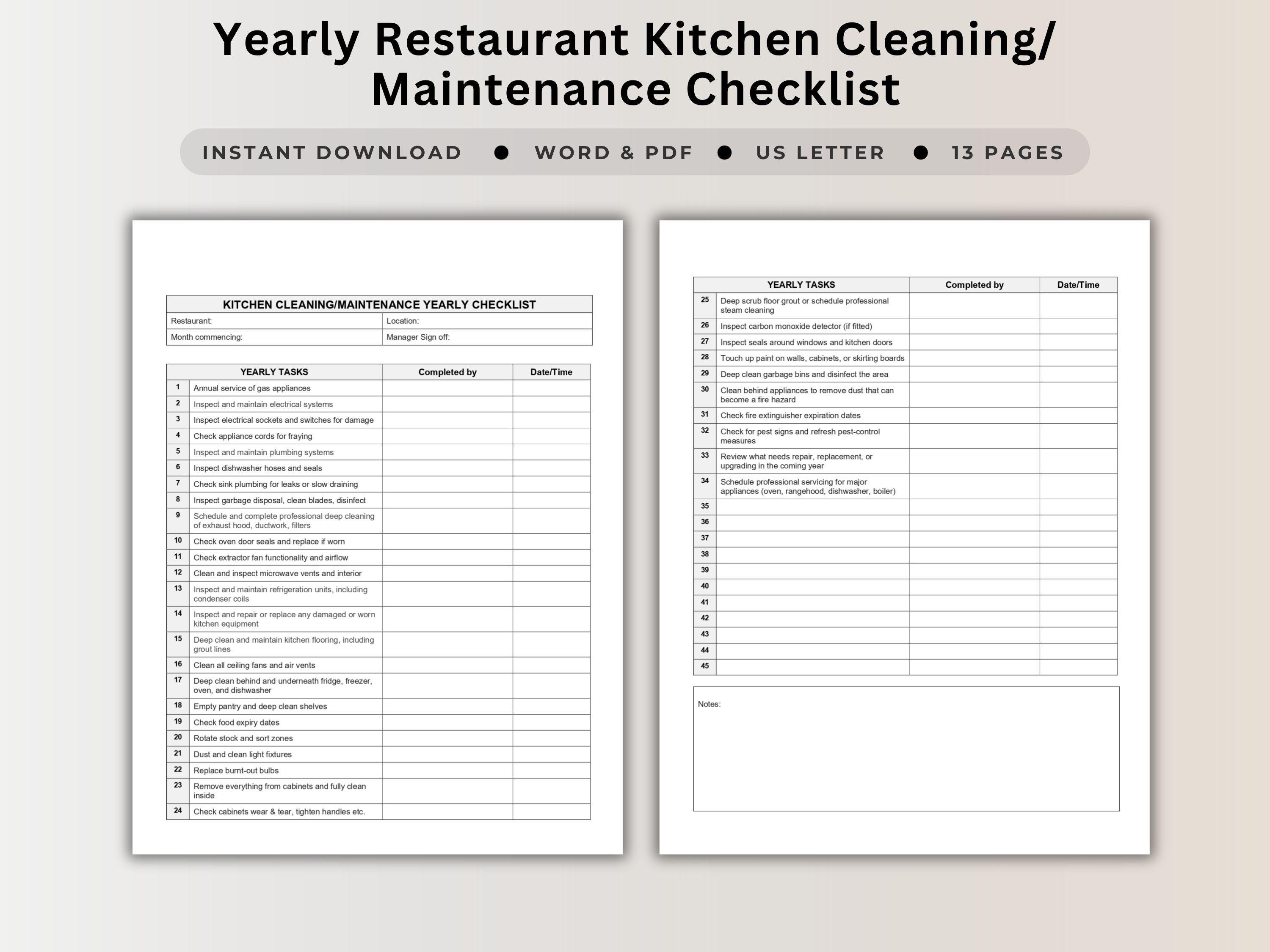 Restaurant Kitchen Cleaning Checklist Template for Hygiene Inspection ...