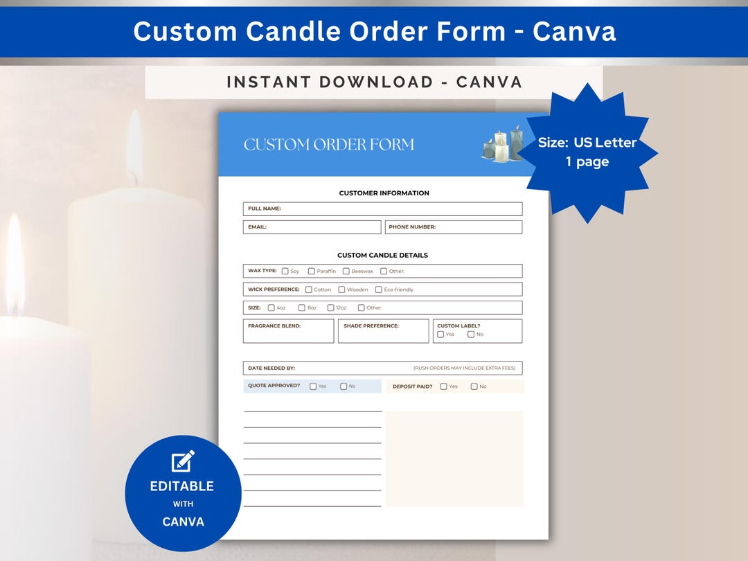 Custom Candle Order Form Template Printable & Editable Track Custom ...