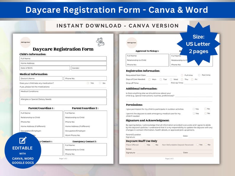 Daycare Registration Form: Printable Childcare Application (PDF & Word ...