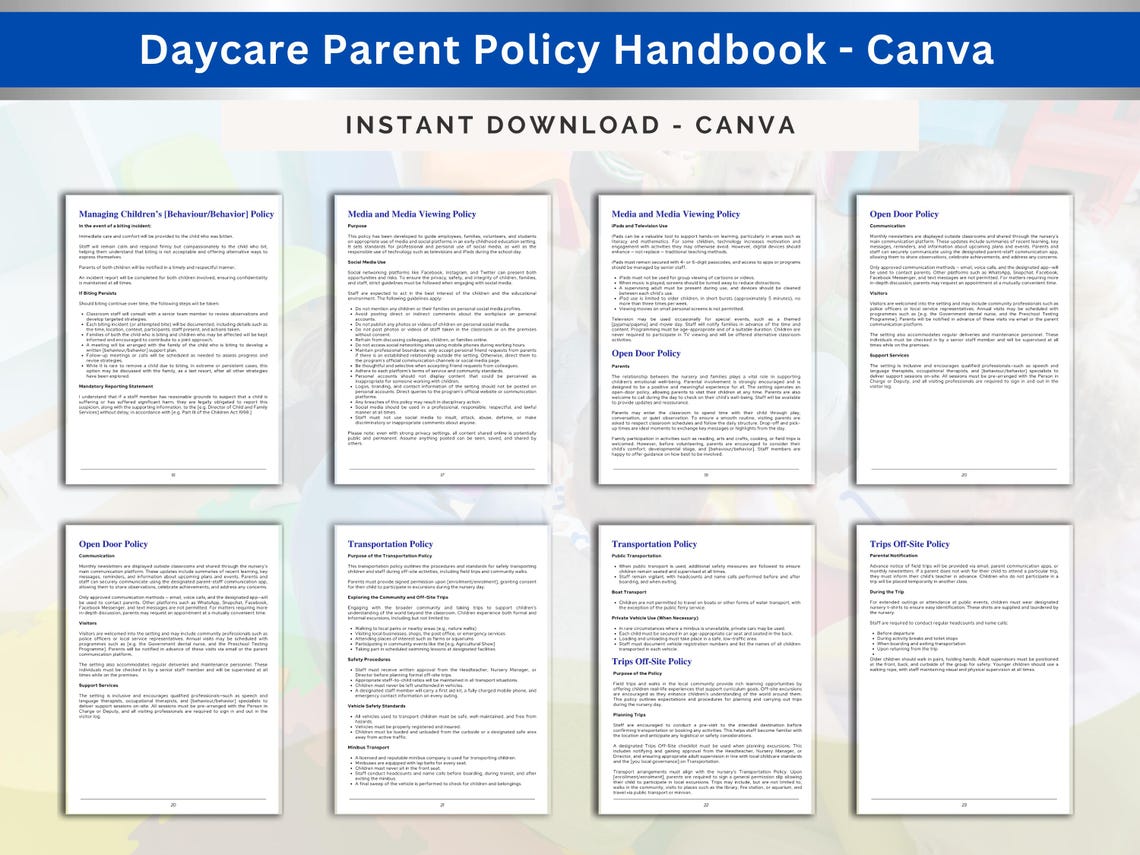 Editable Daycare Parent Handbook Template: Childcare Welcome Packet ...