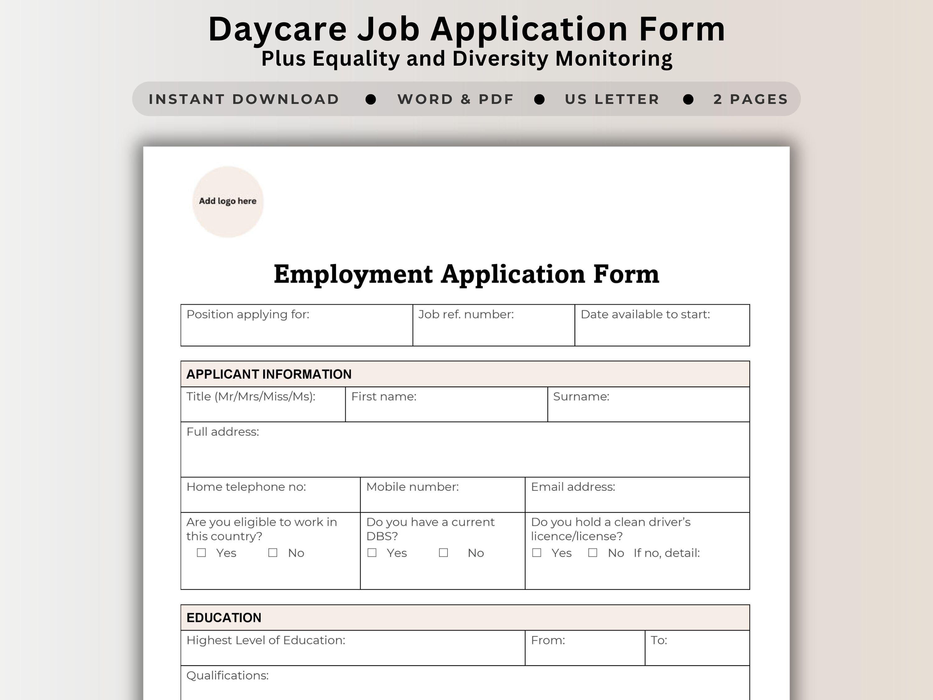 Daycare Job Application Form Template Childcare Center Employee Hiring ...