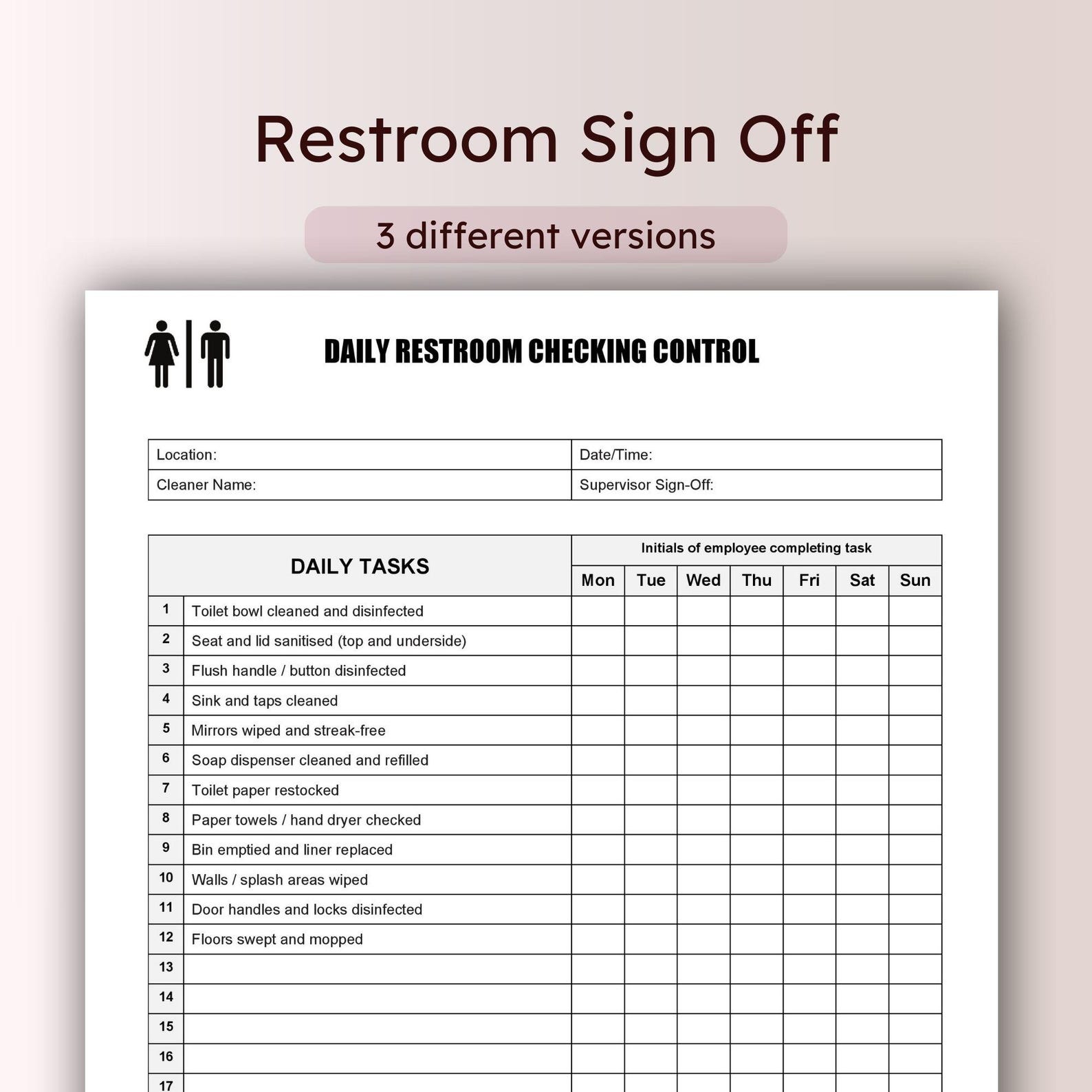 Printable Toilet Cleaning Sign off Sheet Bathroom Cleaning Monitoring ...