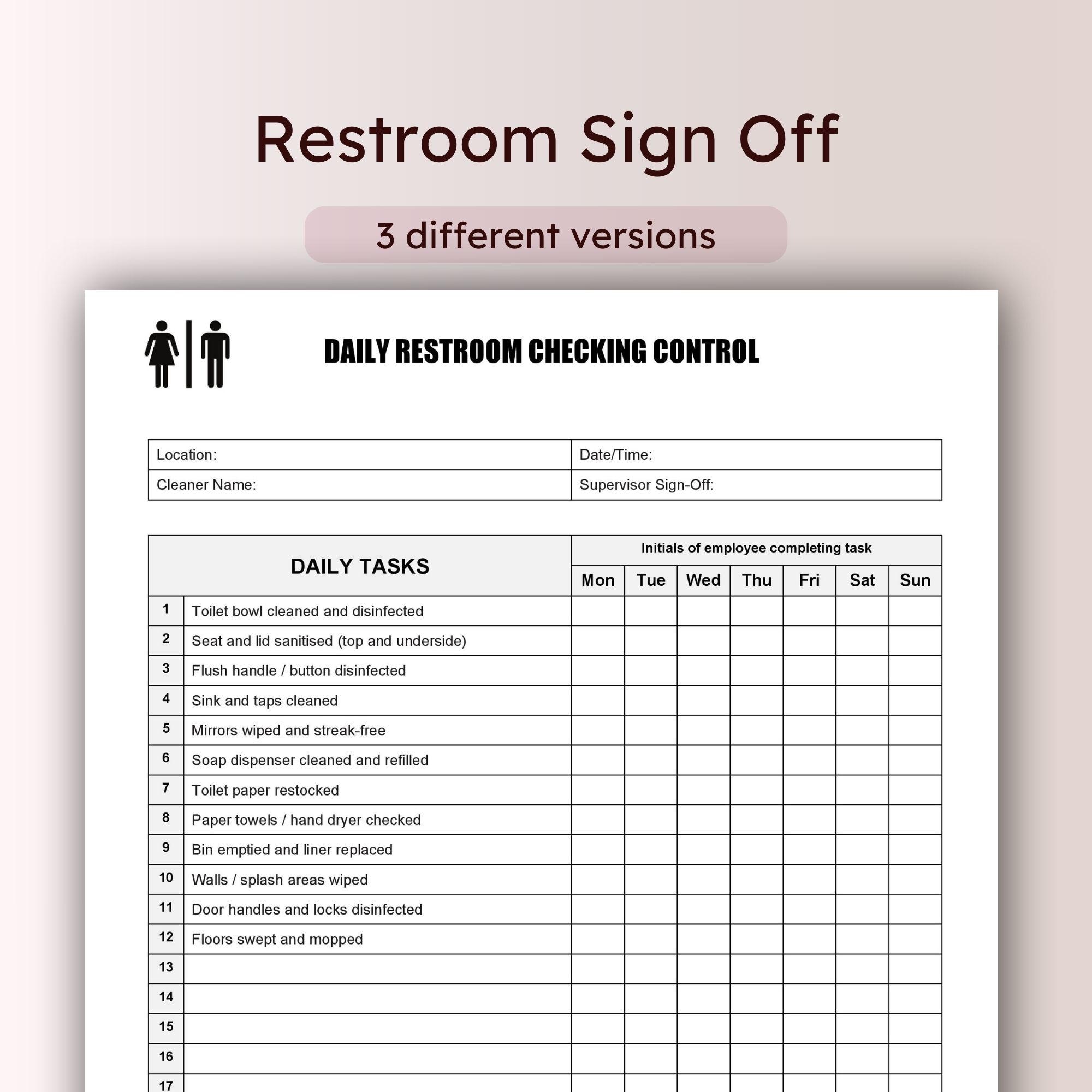 Printable Toilet Cleaning Sign off Sheet Bathroom Cleaning Monitoring ...