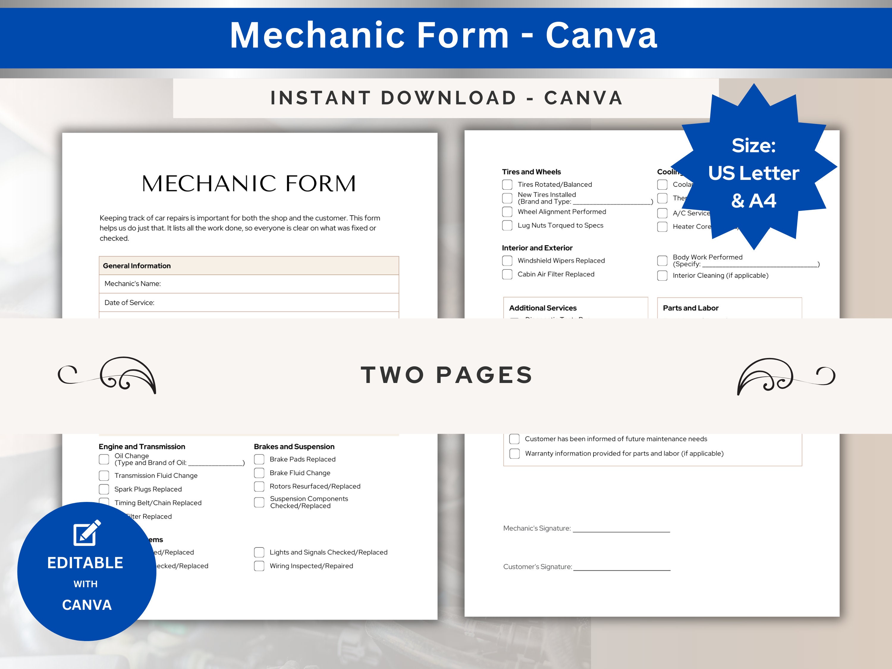Mechanic Form Template: Automotive Repair Log, Vehicle Maintenance (PDF ...