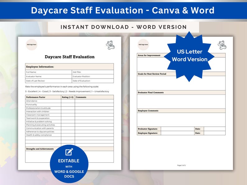 Daycare Staff Evaluation Form Template Printable Childcare Employee ...