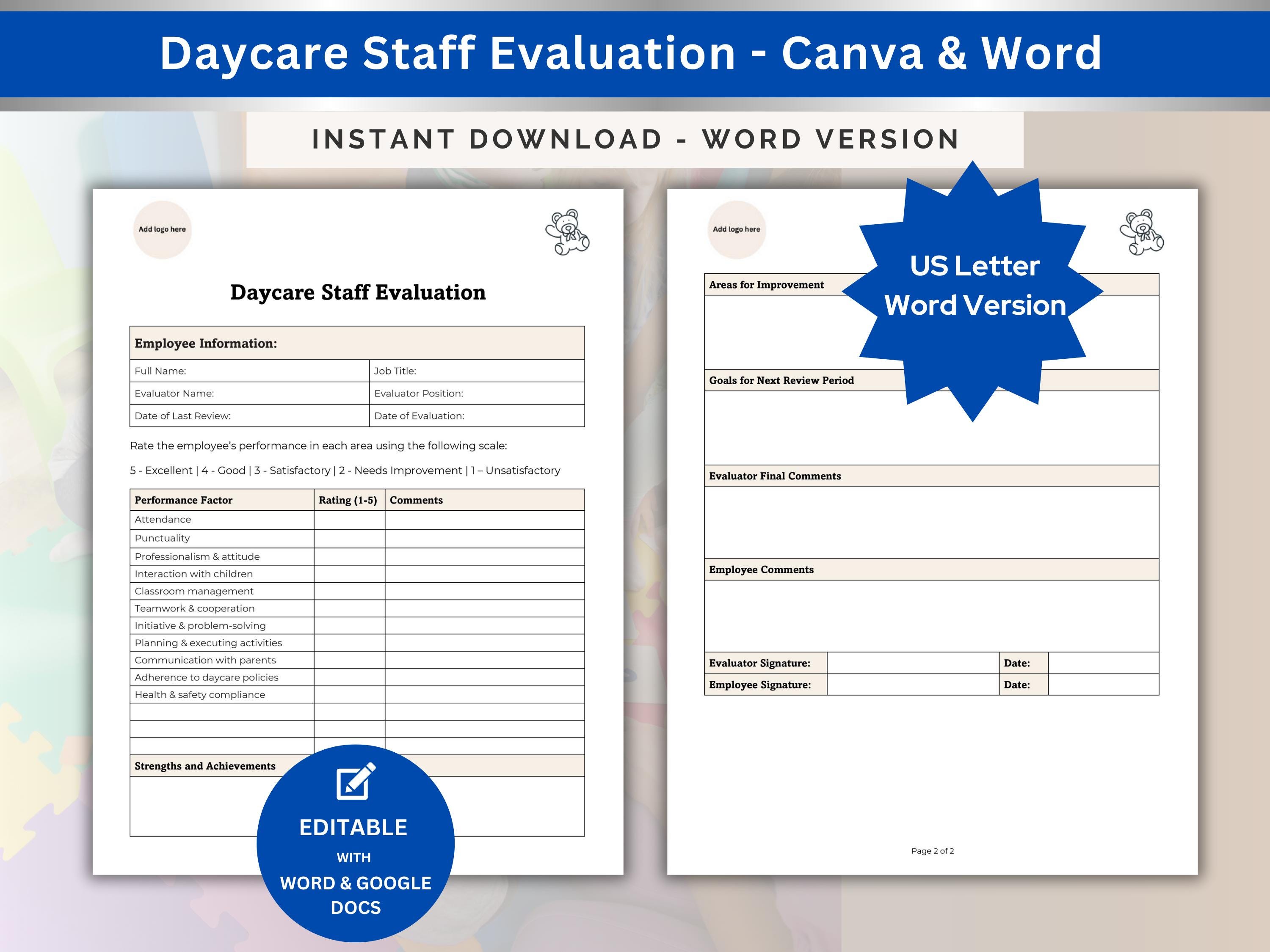 Daycare Staff Evaluation Form Template Printable Childcare Employee ...