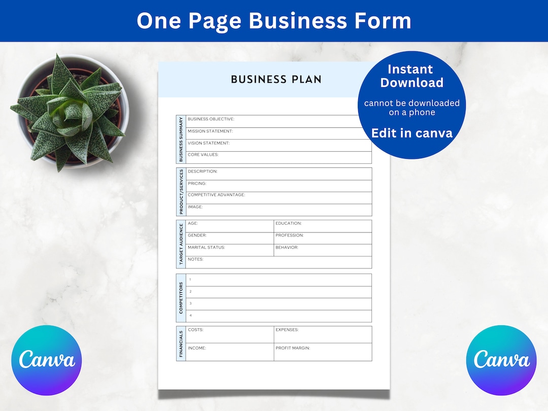 One Page Business Plan 1 Page Business Plan Template One Page Business ...