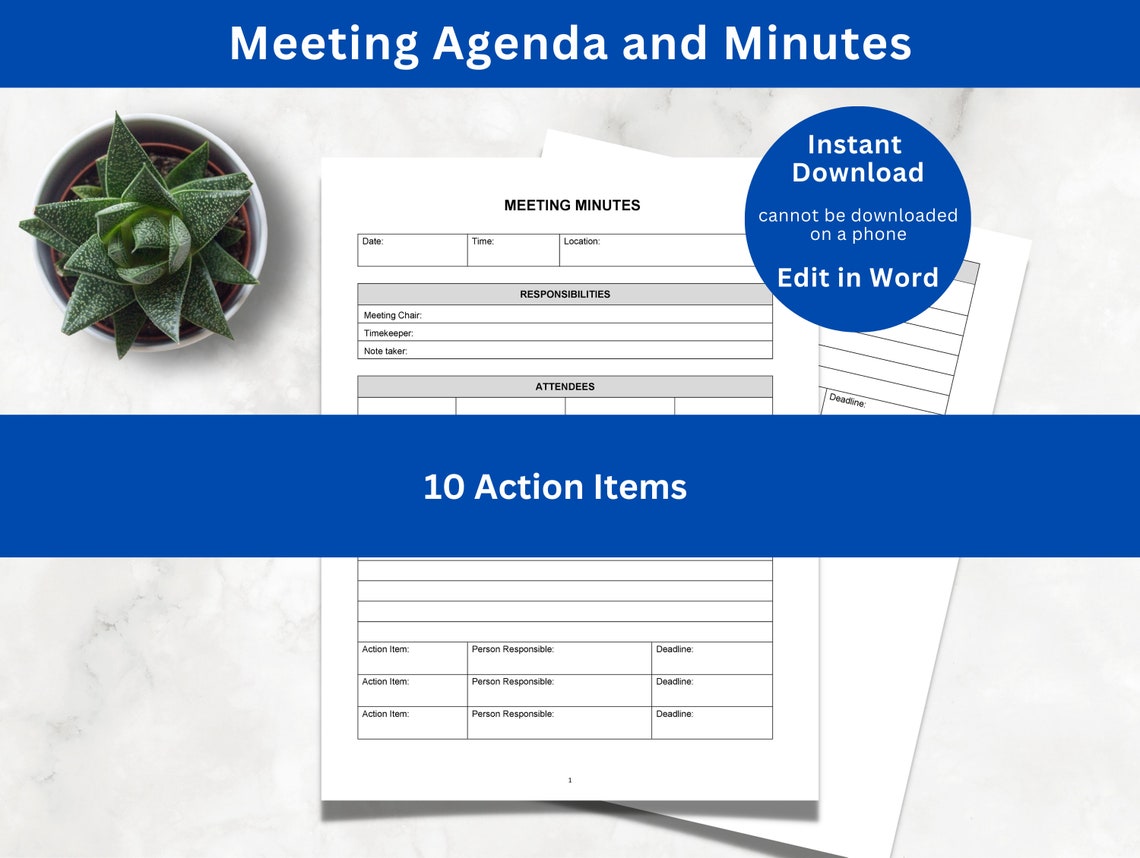 Meeting Agenda & Minutes Template: Action Minutes (US Letter) - Etsy