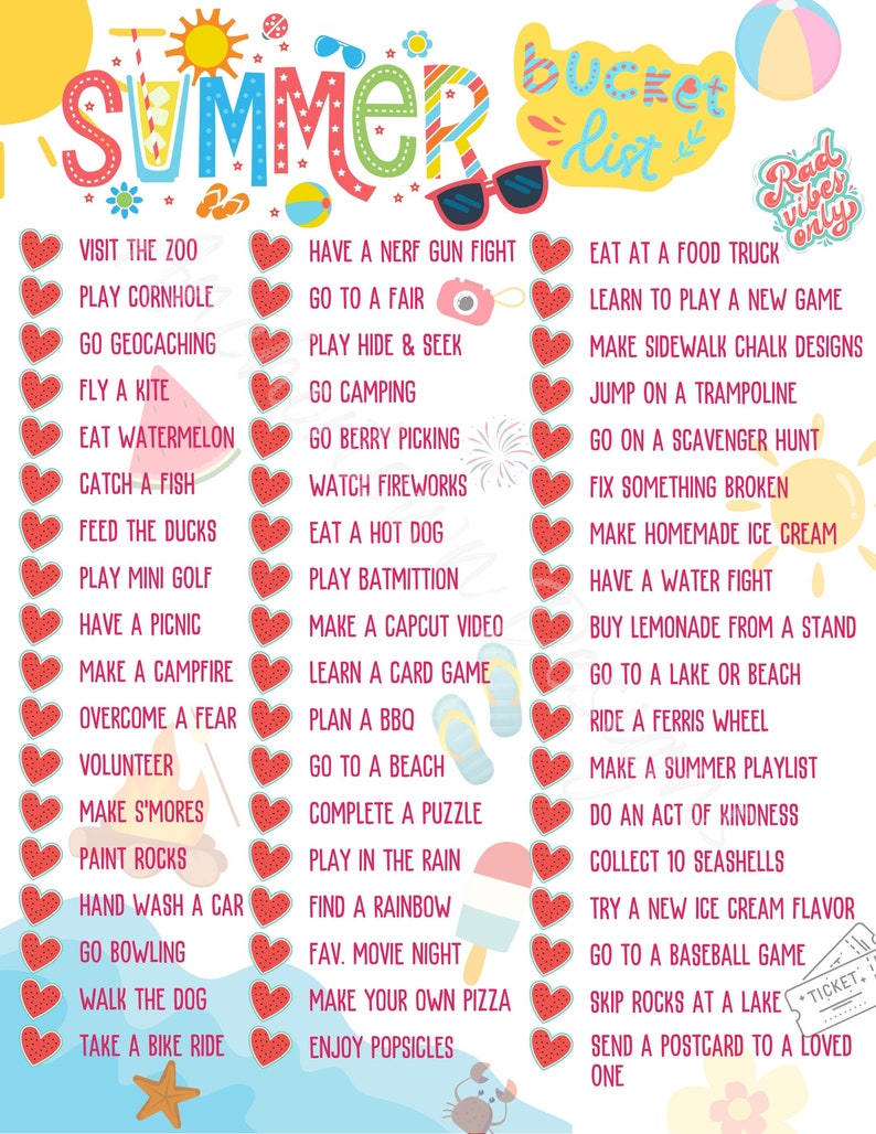 SUMMER Fun Bucket LIST for TEENS Printable - Etsy Canada
