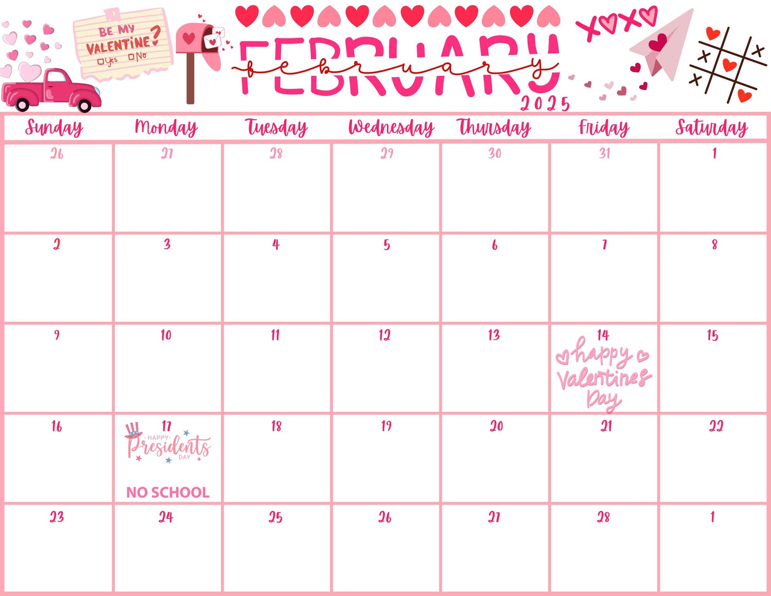 Printable February 2025 Calendar | Valentine's Day - Themed Digital ...