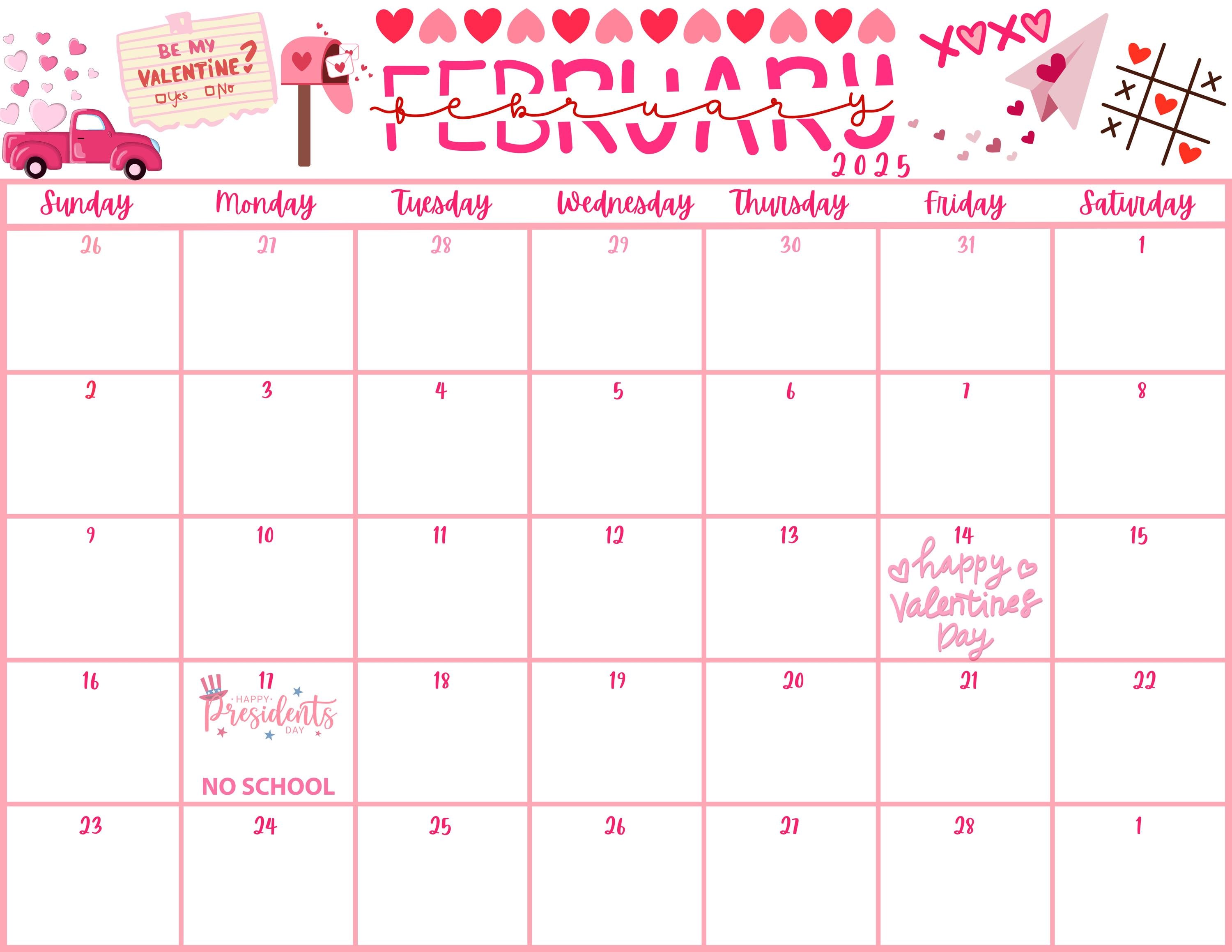 Printable February 2025 Calendar | Valentine's Day - Themed Digital ...