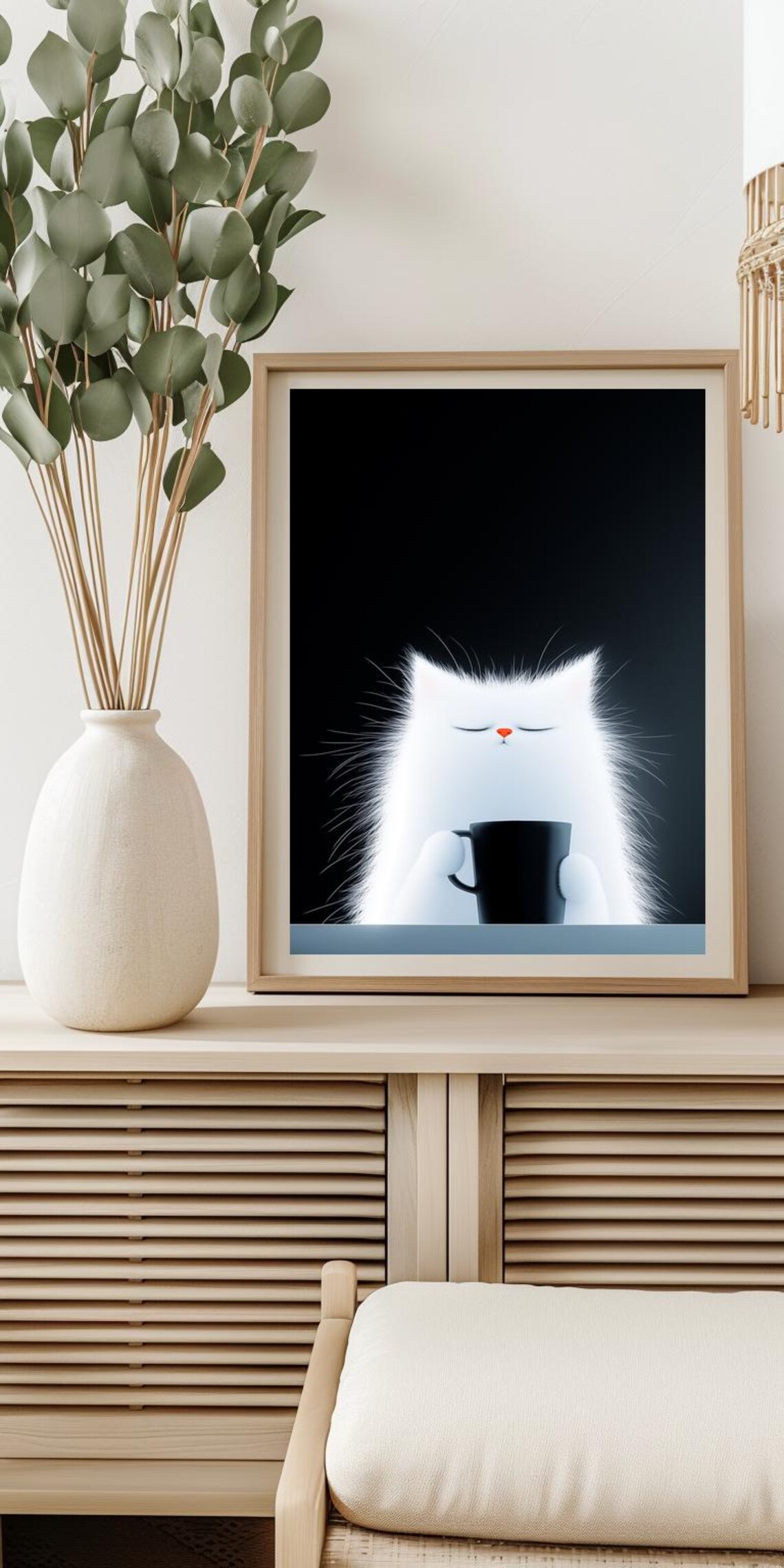 White Cat Chilling With Coffee, Kitchen Wall Decor, Modern Quirky Photo ...
